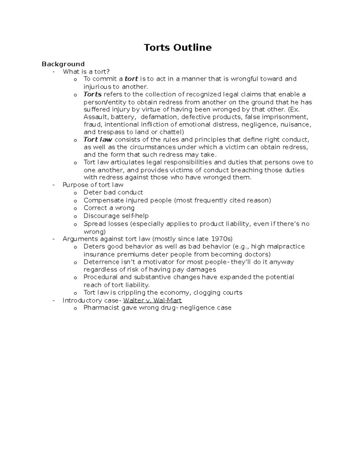 Torts Law Outline - Professor Patton - Torts Outline Background - What ...