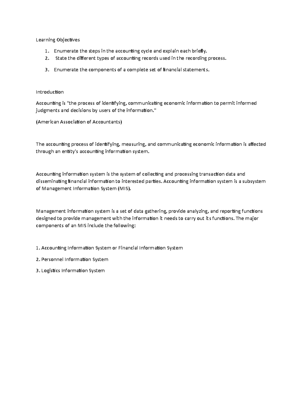 INT ACC 1 - INT ACC 1 - Learning Objectives Enumerate the steps in the accounting cycle and ...