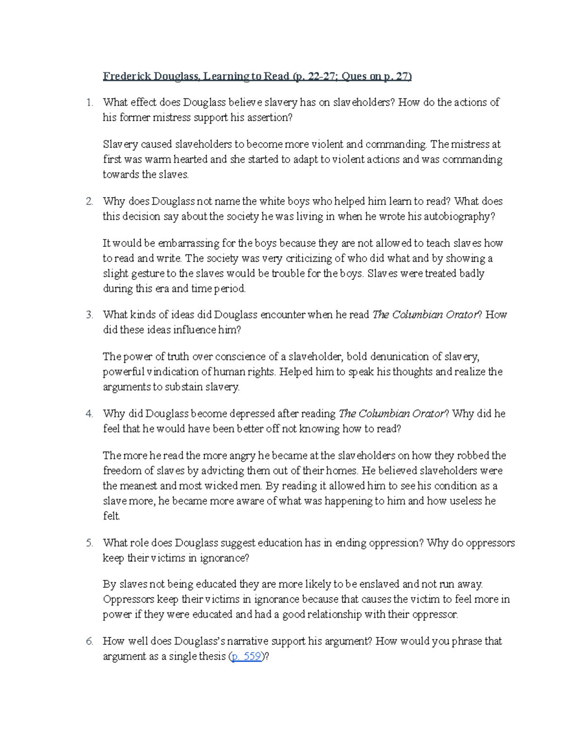 Writing Homework Assignment September 8 - Frederick Douglass, Learning ...