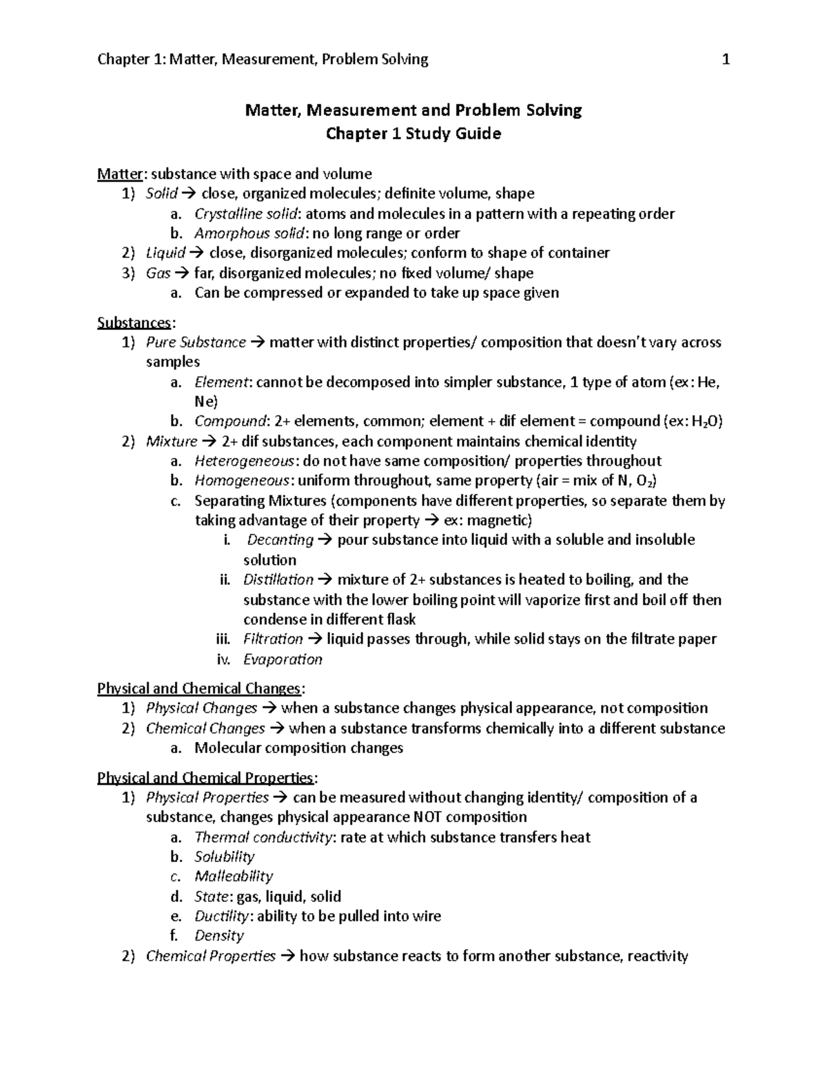 Gen Chem I - Chapter 1 Study Guide, Prof Deak - Matter, Measurement and ...