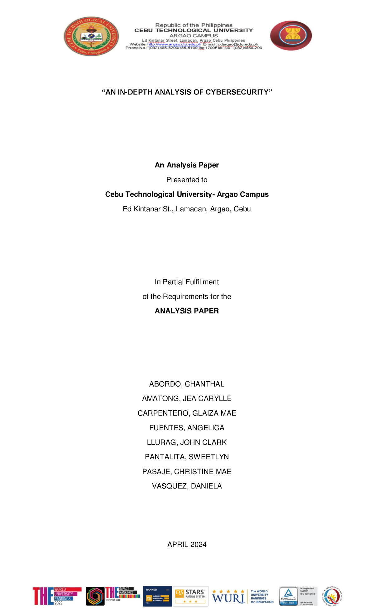 Analysis Paper ( Group 5-LIE) - “AN IN-DEPTH ANALYSIS OF CYBERSECURITY ...