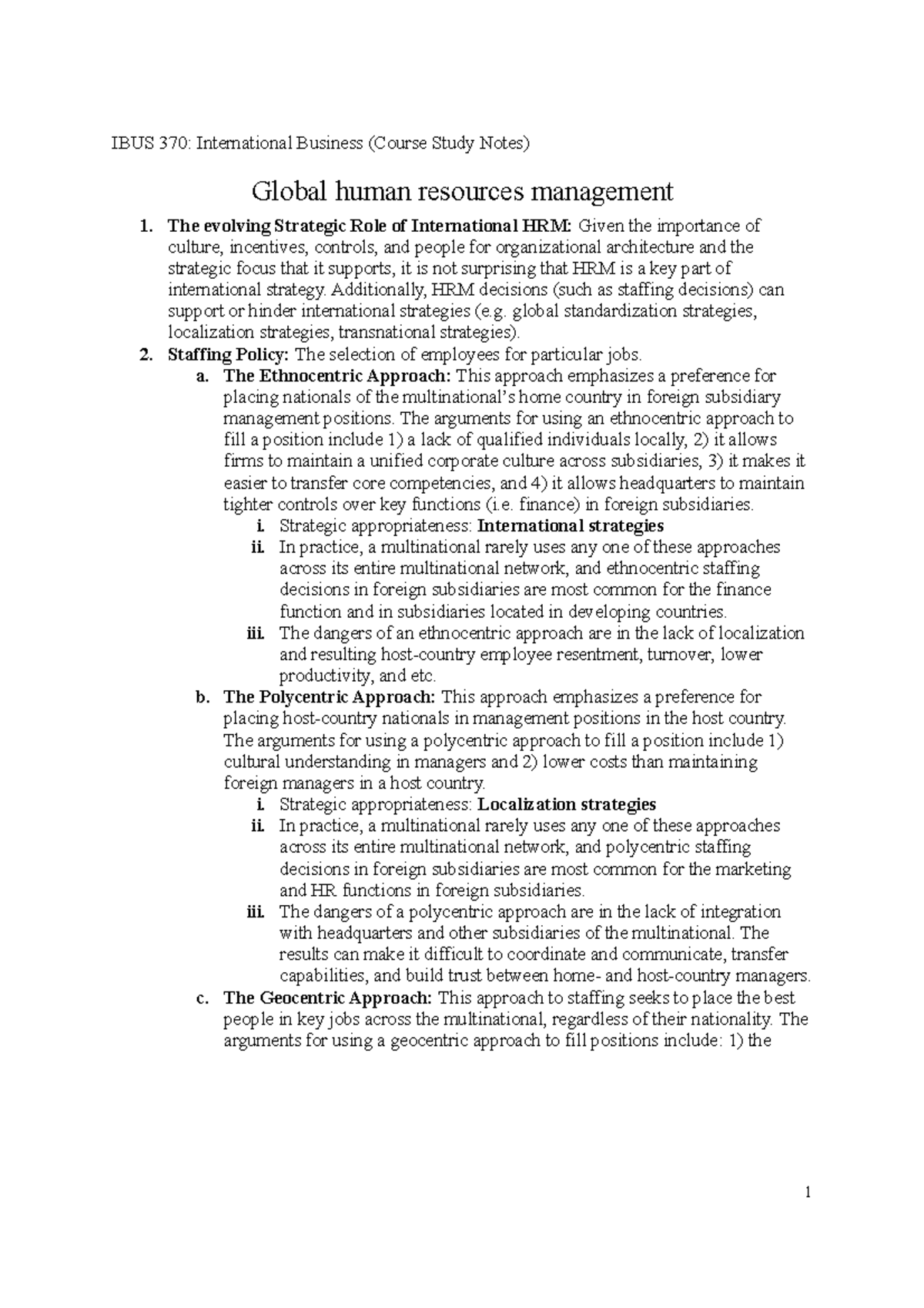 Global HRM Notes - 1 IBUS 370: International Business (Course Study ...