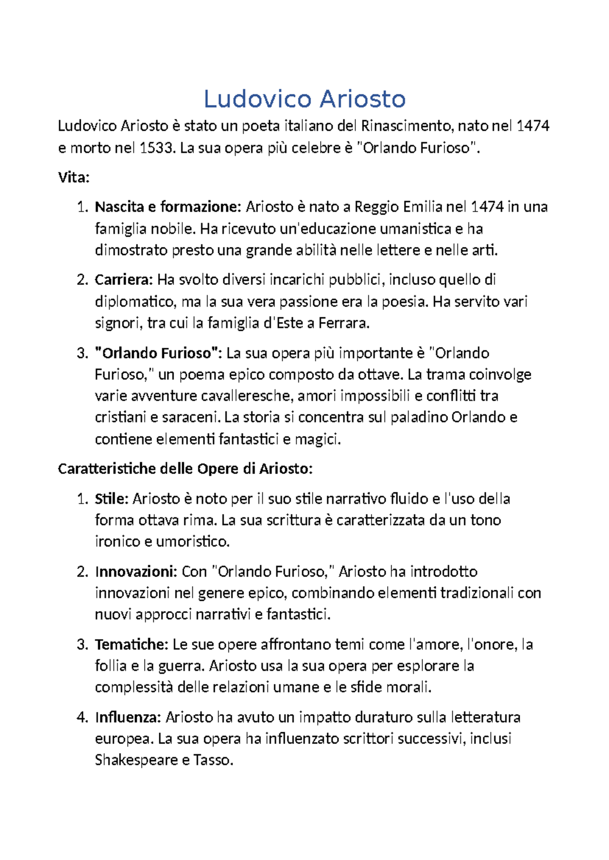 Ludovico Ariosto - Riassunto Letteratura Italiana - Ludovico Ariosto ...