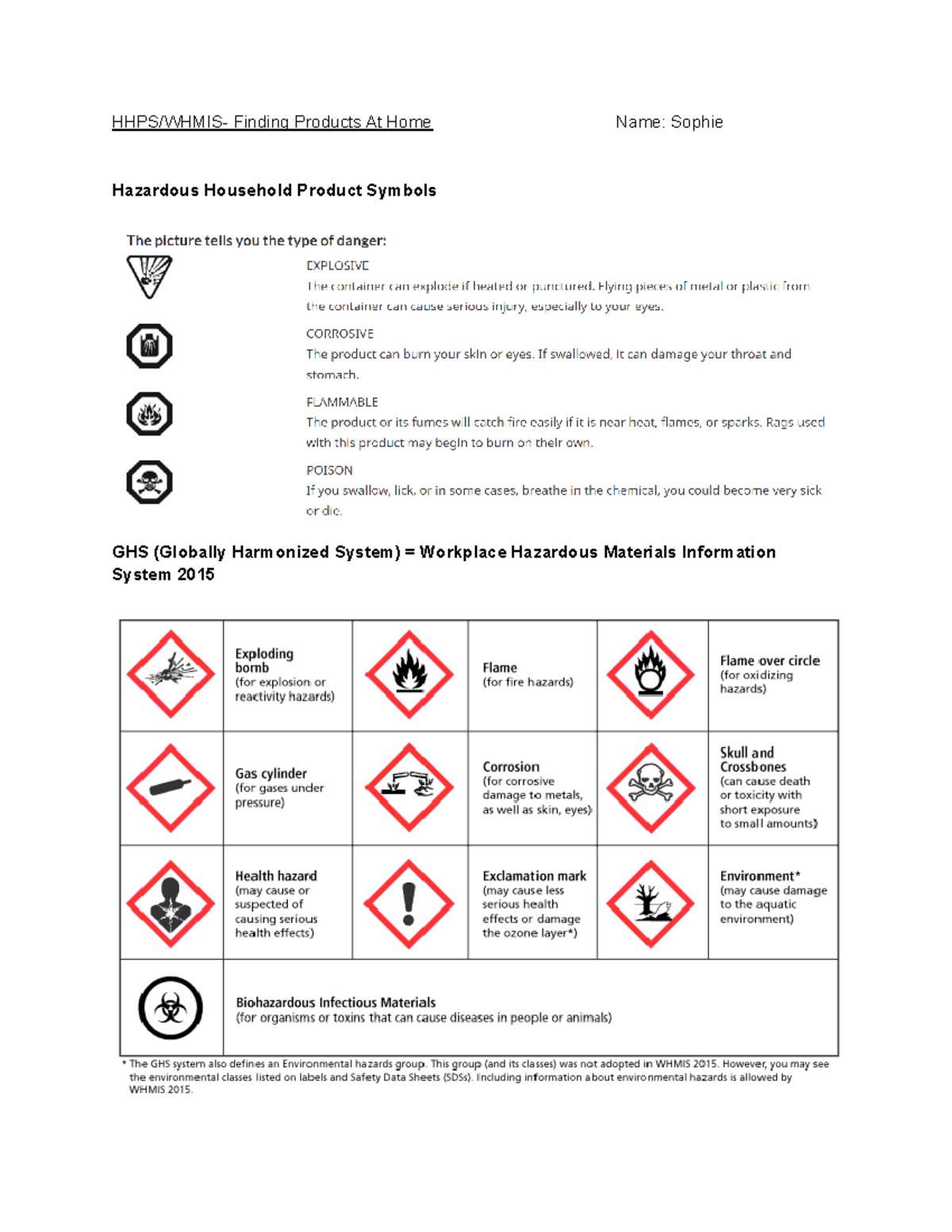 Copy of SNC- HHPS Whmis SDS At Home Activity 2022 - HHPS/WHMIS- Finding ...