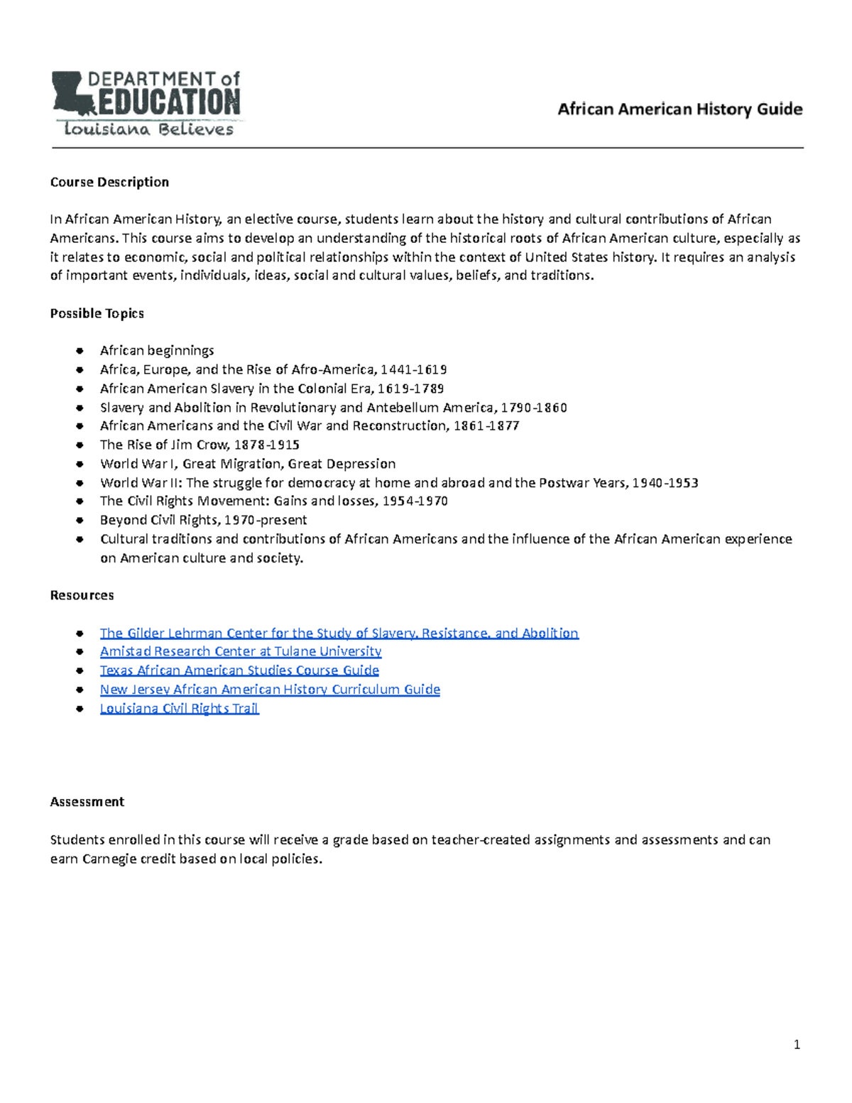 Louisiana African-American-History-Guide - Course Description In ...
