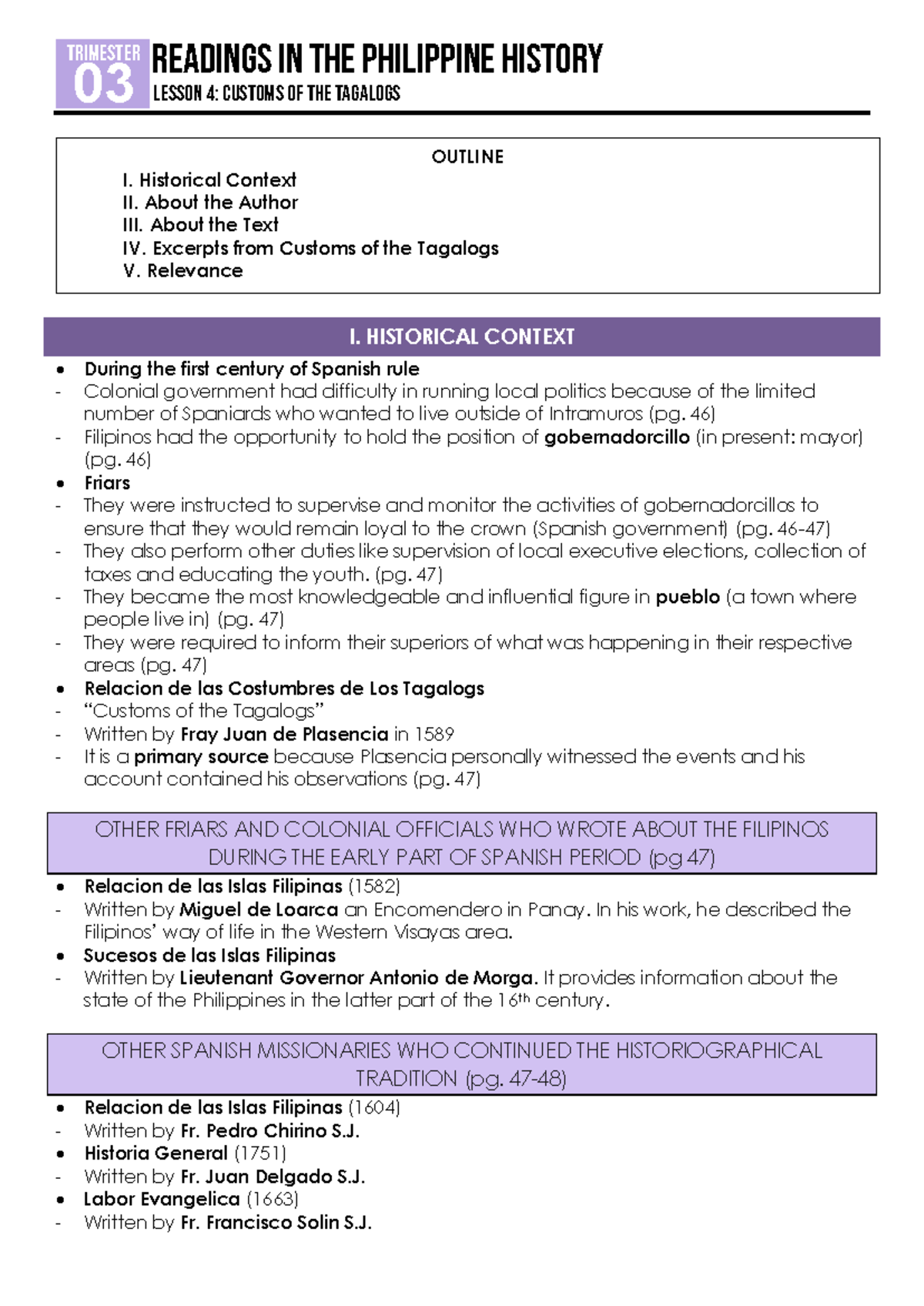 Customs of the Tagalogs Handouts Group 2 BSMT 1 - READINGS IN THE PHILIPPINE HISTORY Trimester ...