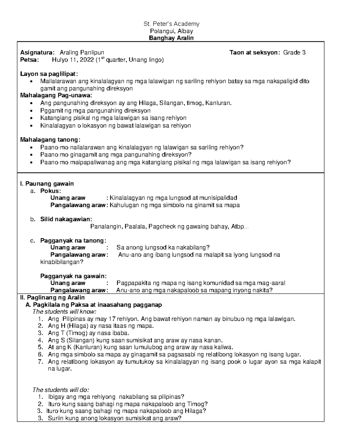 Sample- Learning-PLAN - St. Peter’s Academy Polangui, Albay Banghay Aralin Asignatura: Araling ...