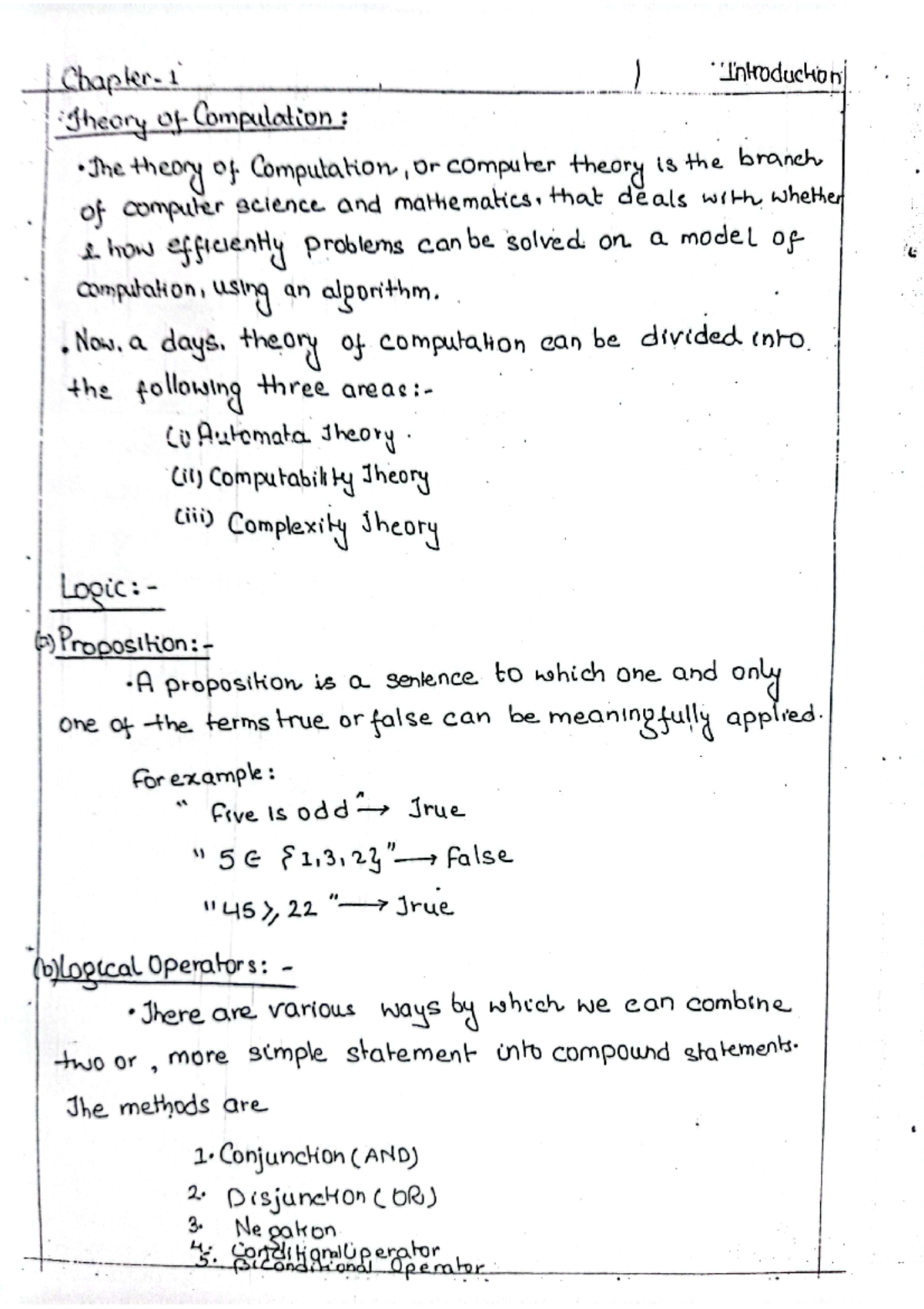 TOC-1 - toc complete note - ) Introduction Theory of Compulation: The theory of Computation, or ...