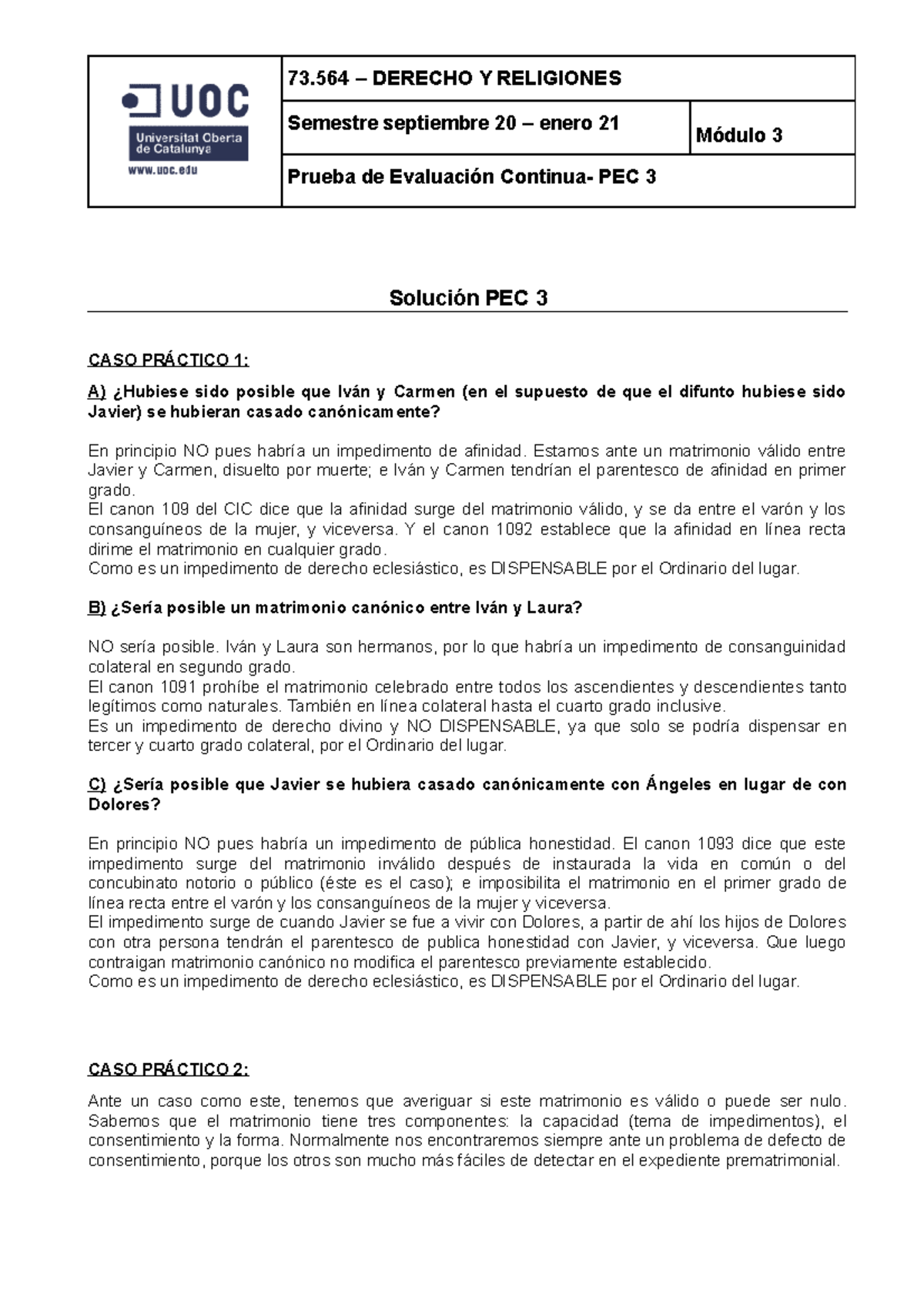 Solpec 3 derecho y religiones - 73 – DERECHO Y RELIGIONES Semestre septiembre 20 – enero 21 ...