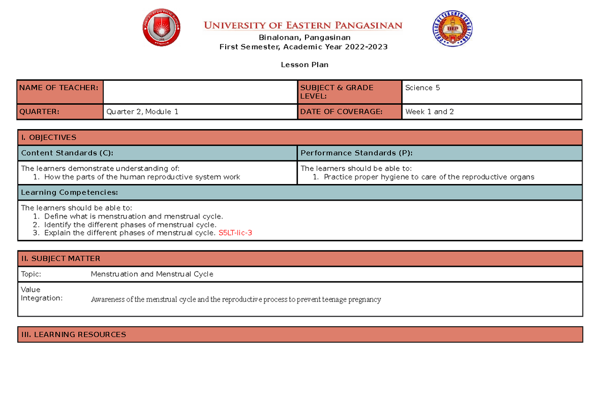 Lesson plan in science 5 - First Semester, Academic Year 2022- Lesson ...
