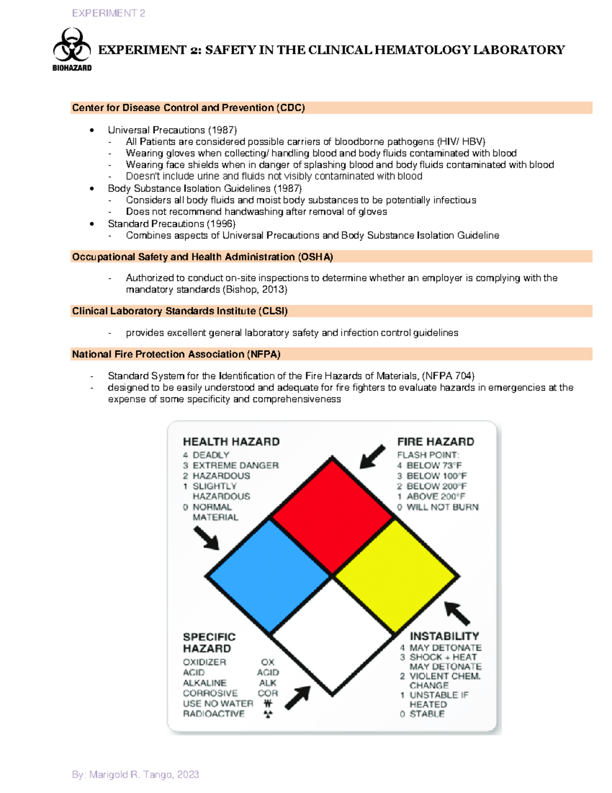 Experiment 2 Safety IN THE Clinical Hematology Laboratory - EXPERIMENT ...