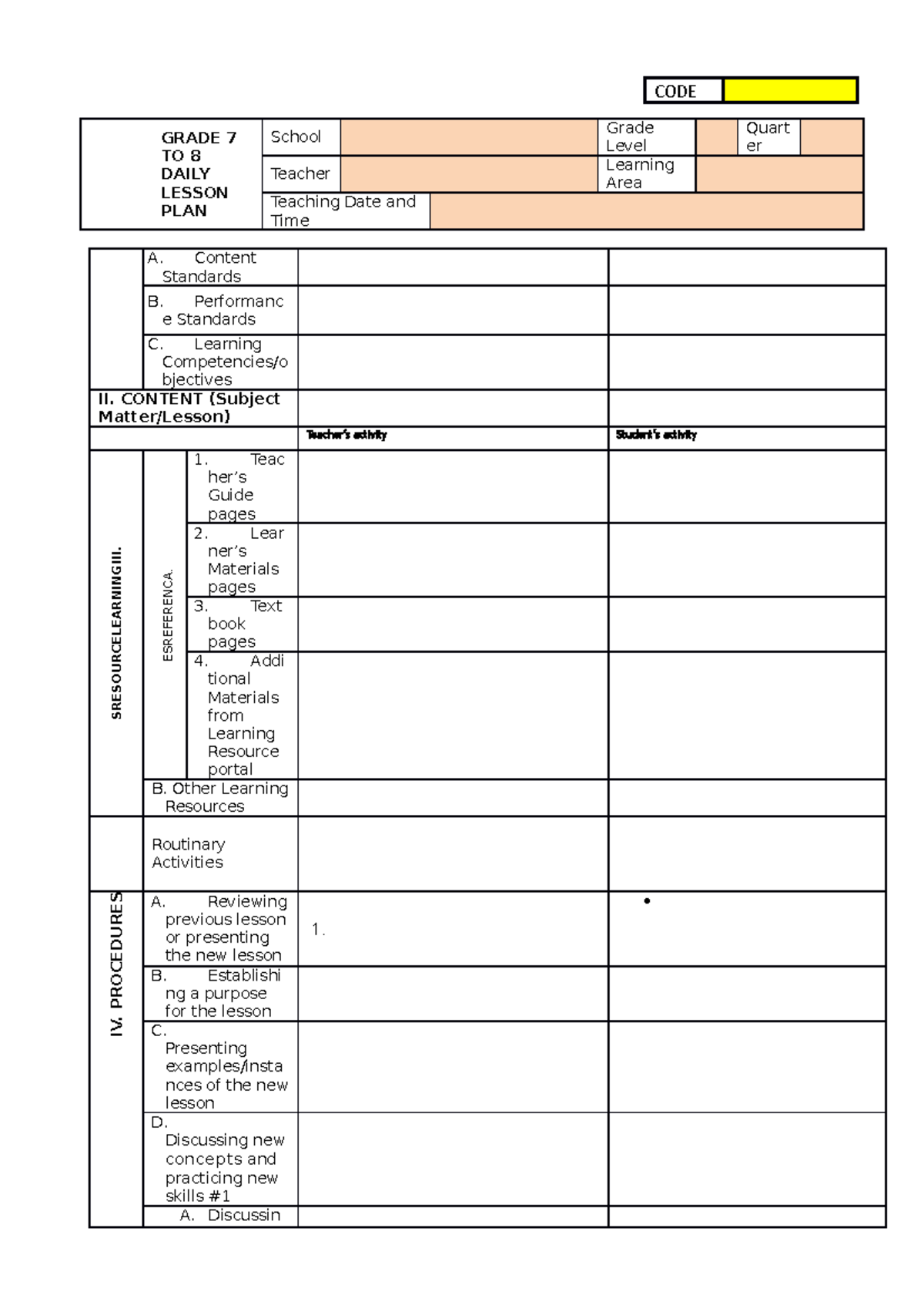 Dlp-template - CODE GRADE 7 TO 8 DAILY LESSON PLAN School Grade Level ...