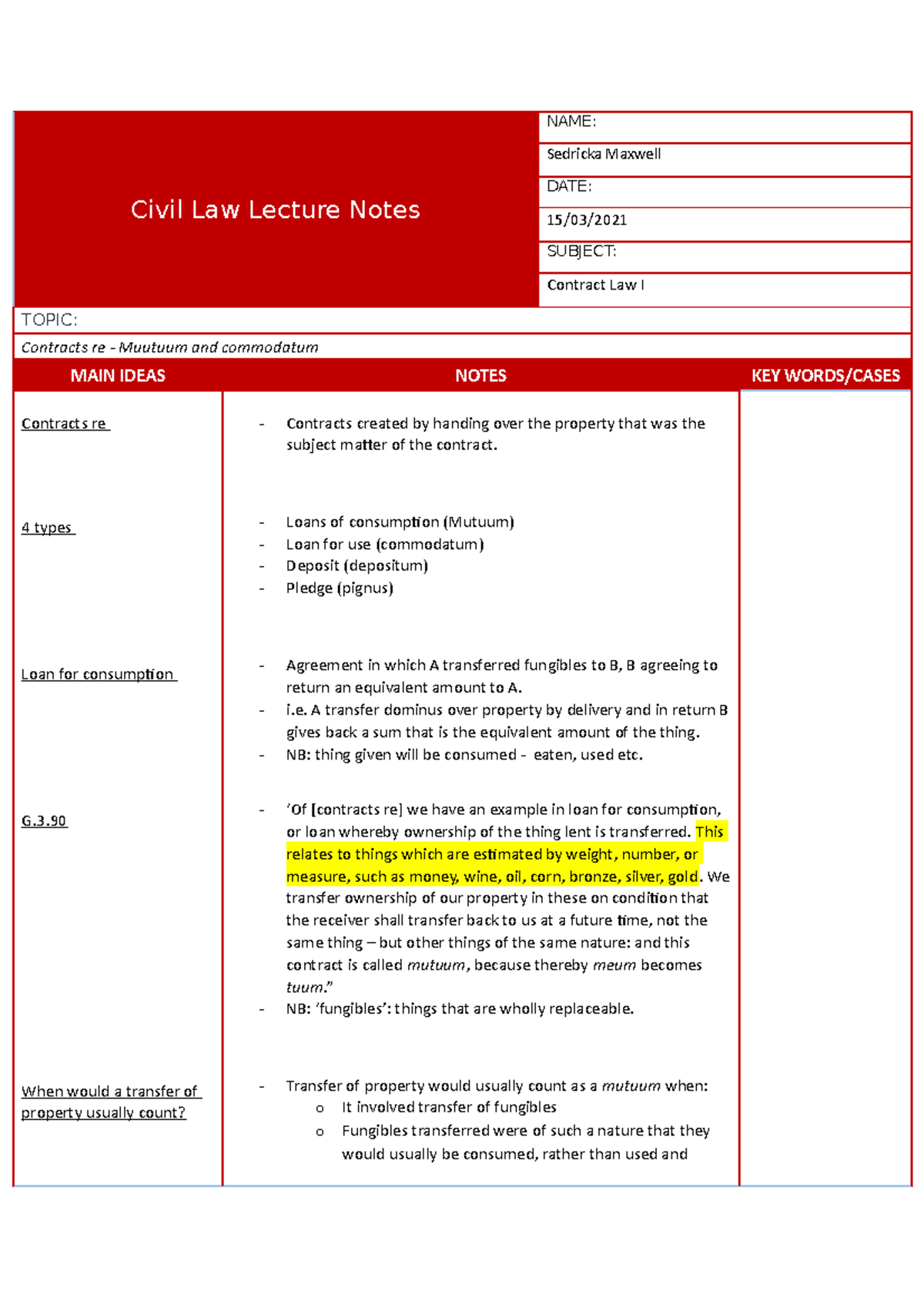 4) contracts re - mutuum and commodatum - Civil Law Lecture Notes NAME ...