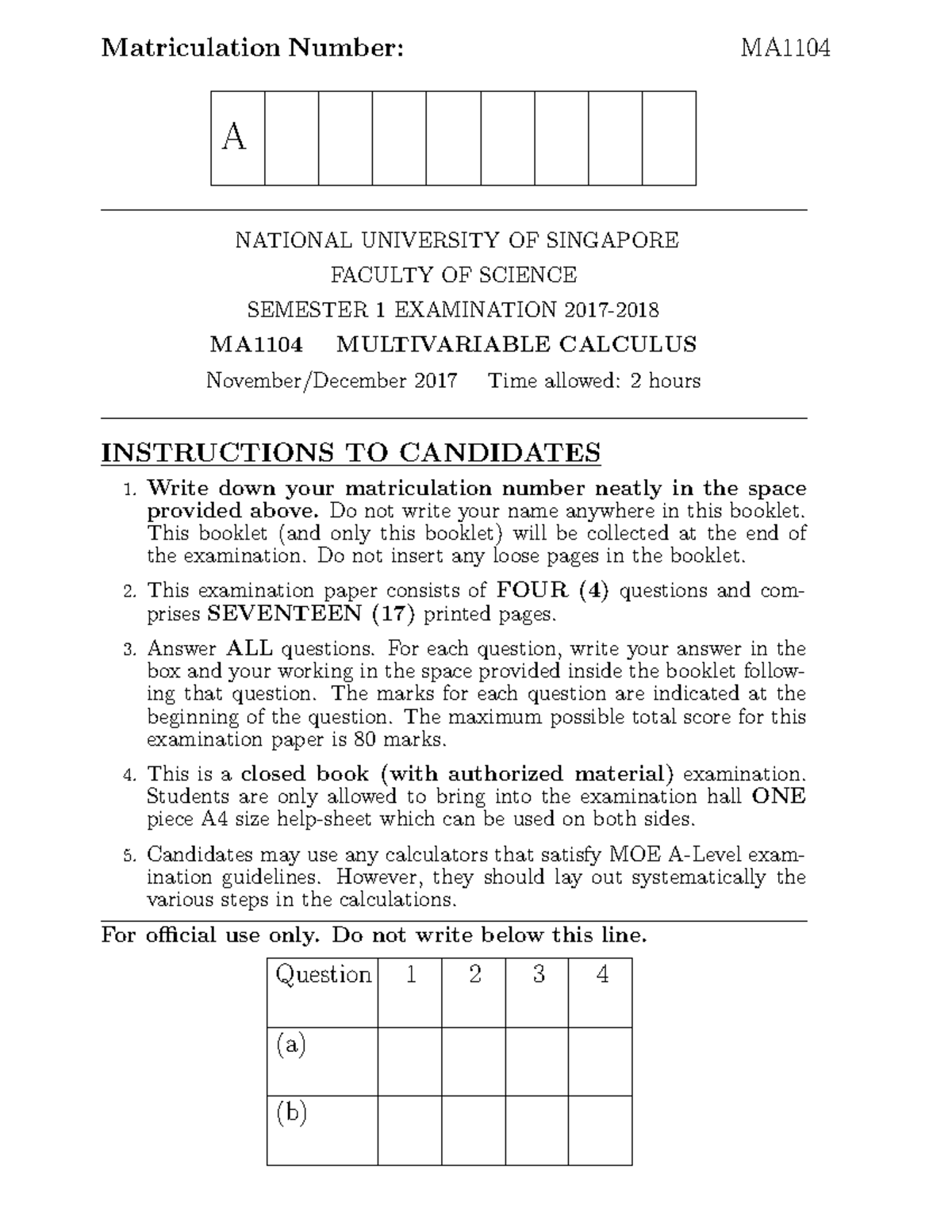 ATM123688 1718SEM1-MA1104 - Matriculation Number: MA A NATIONAL ...