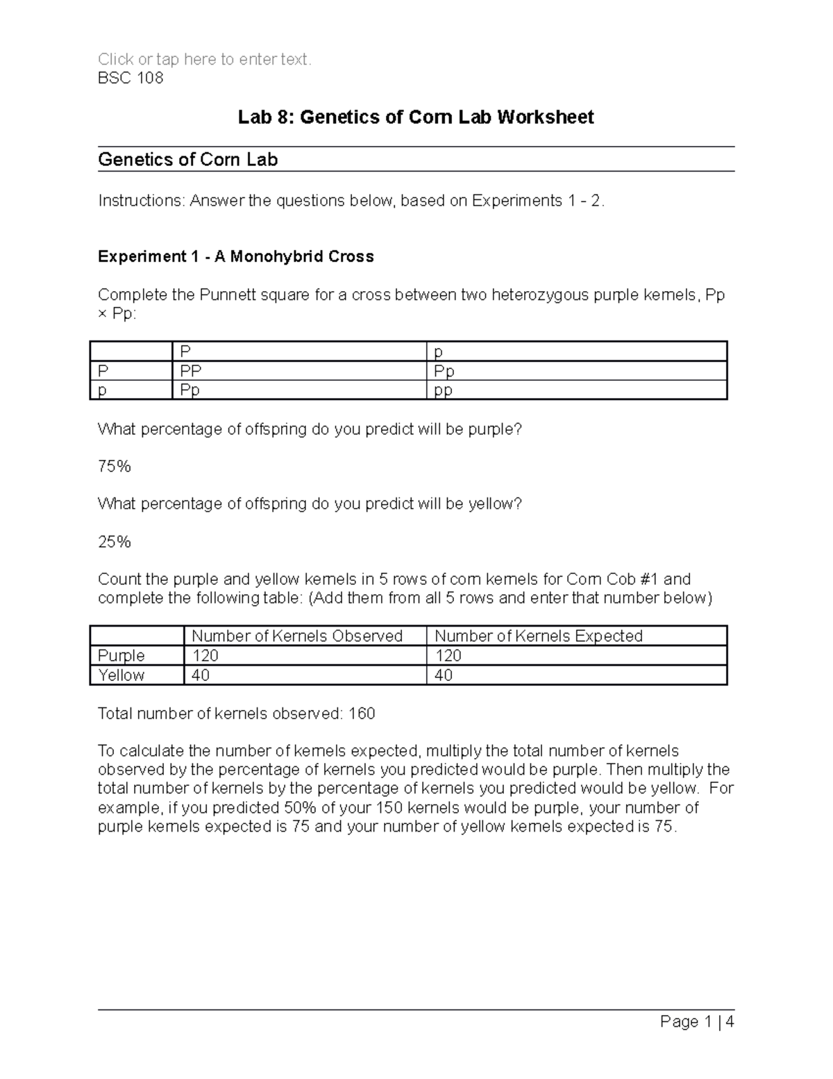 Lab 8 Genetics of Corn Worksheet 23 - BSC 108 Lab 8: Genetics of Corn ...