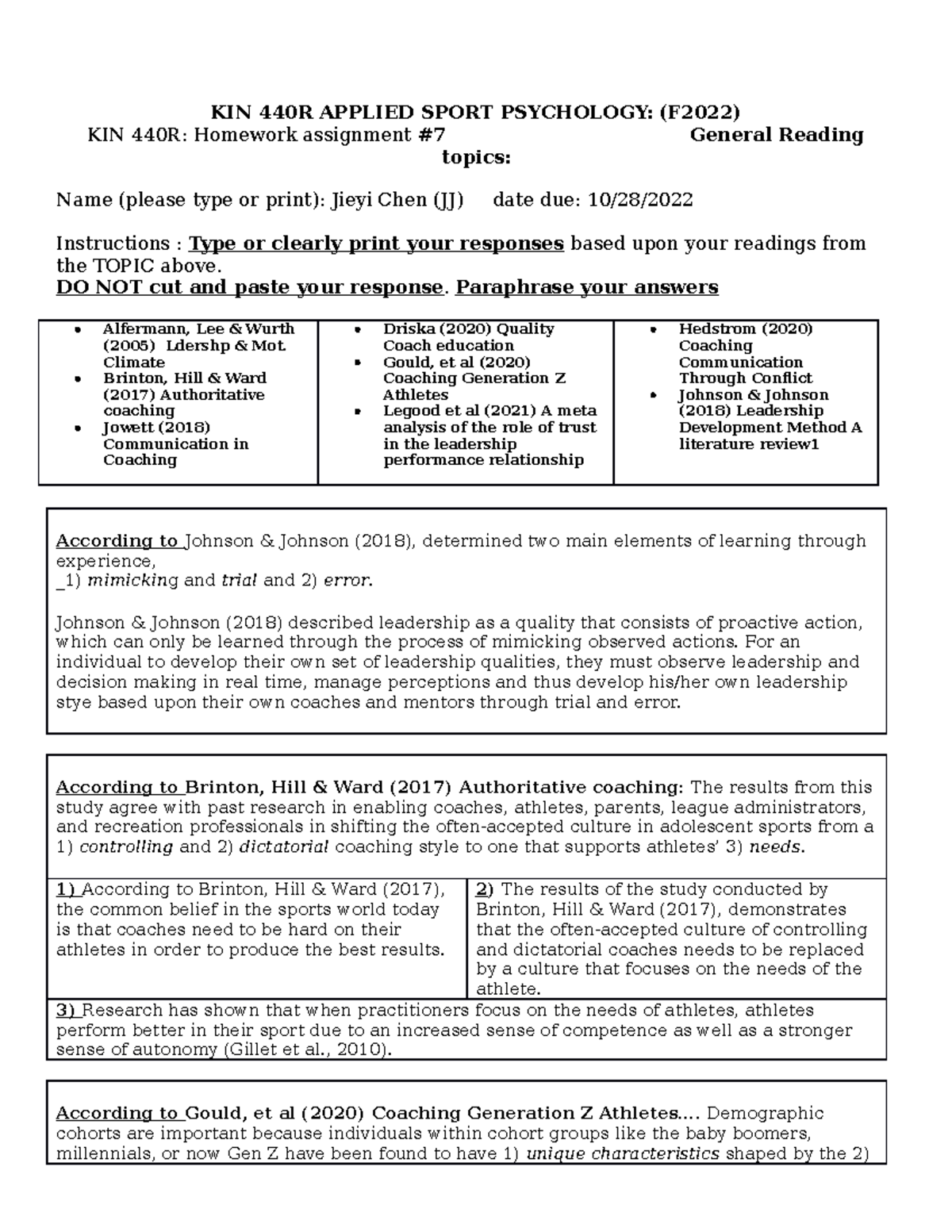FALL 2022 KIN 440R assign 7 - KIN 440R APPLIED SPORT PSYCHOLOGY: (F2022 ...