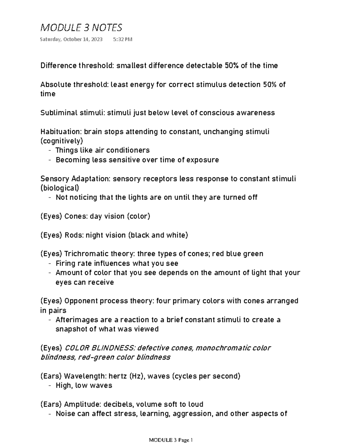 MODULE 3 NOTES (VIDEO AND BOOK REVIEW) - Difference threshold: smallest ...