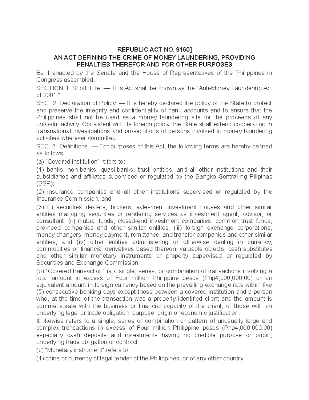 AMLA - Anti-money laundering Act - REPUBLIC ACT NO. 9160] AN ACT ...