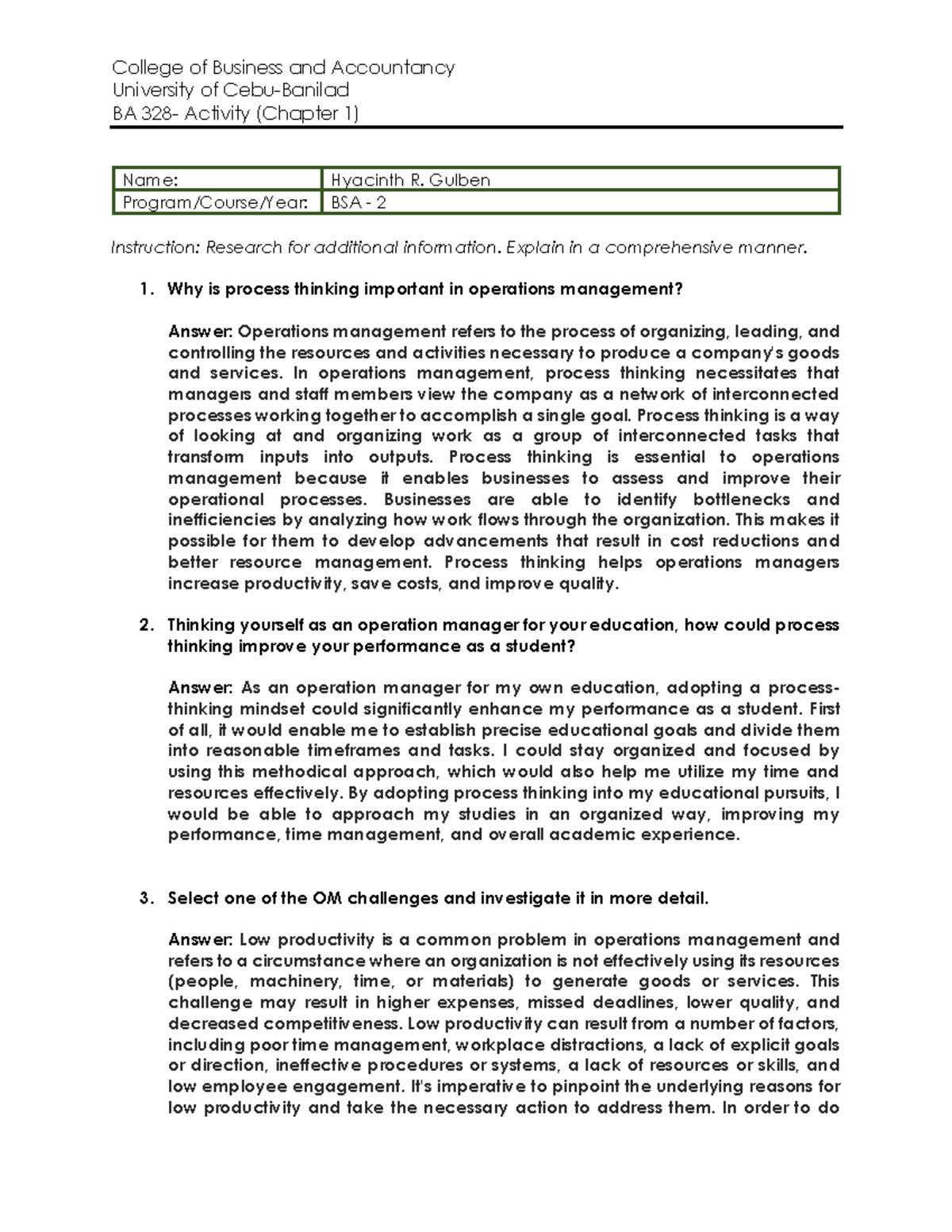 BA 328 Seatwork 1 - College of Business and Accountancy University of ...