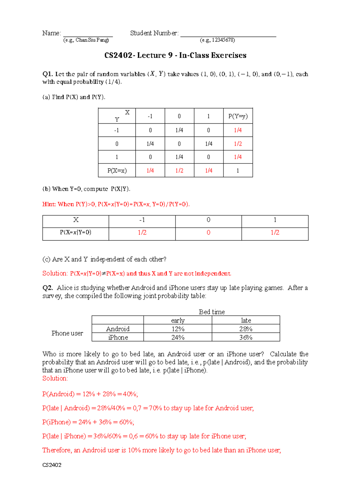 Ex-L9-Solution - Name: ______________ Student Number ...