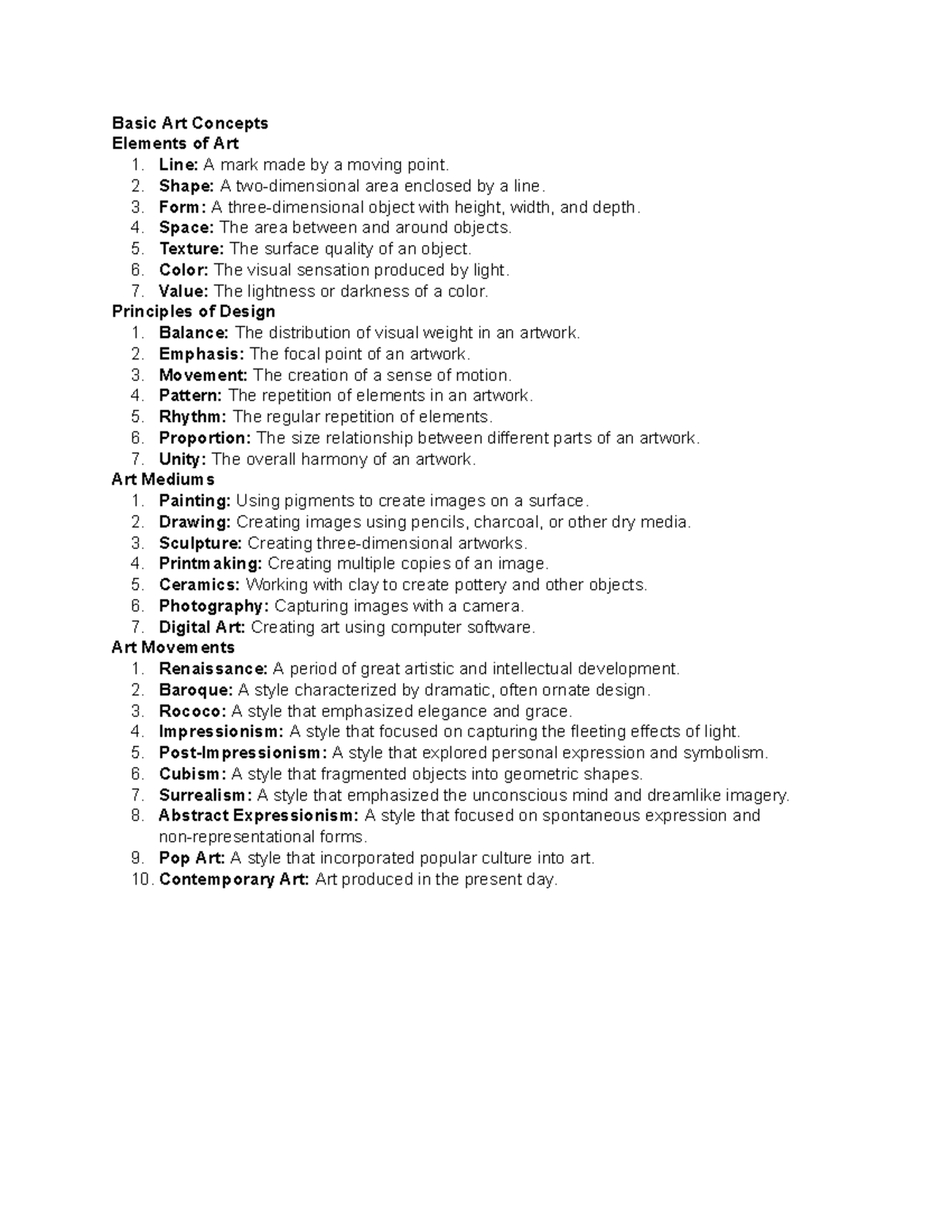 Art9 - Gogogo - Basic Art Concepts Elements of Art 1. Line: A mark made by a moving point. 2 ...