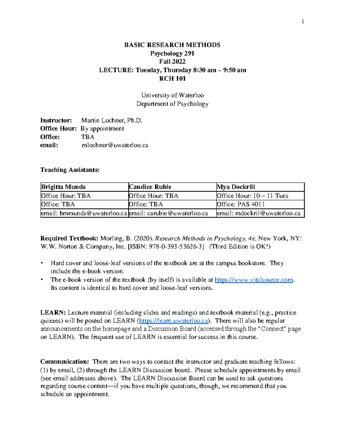 Psych 291 Syllabus - Fall 2022 - BASIC RESEARCH METHODS Psychology 291 Fall 2022 LECTURE ...