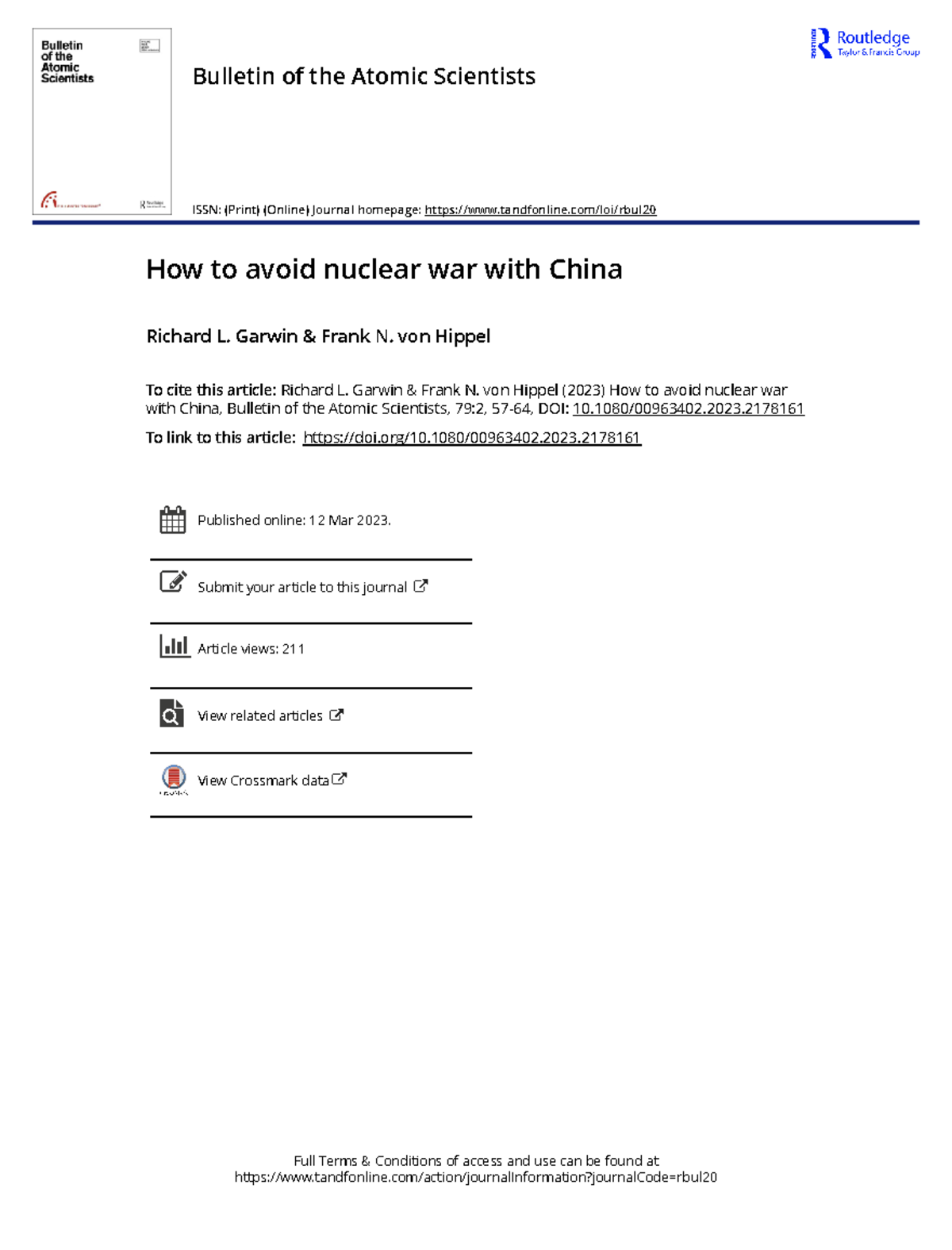 How to avoid nuclear war with China - Full Terms & Conditions of access and use can be found at ...