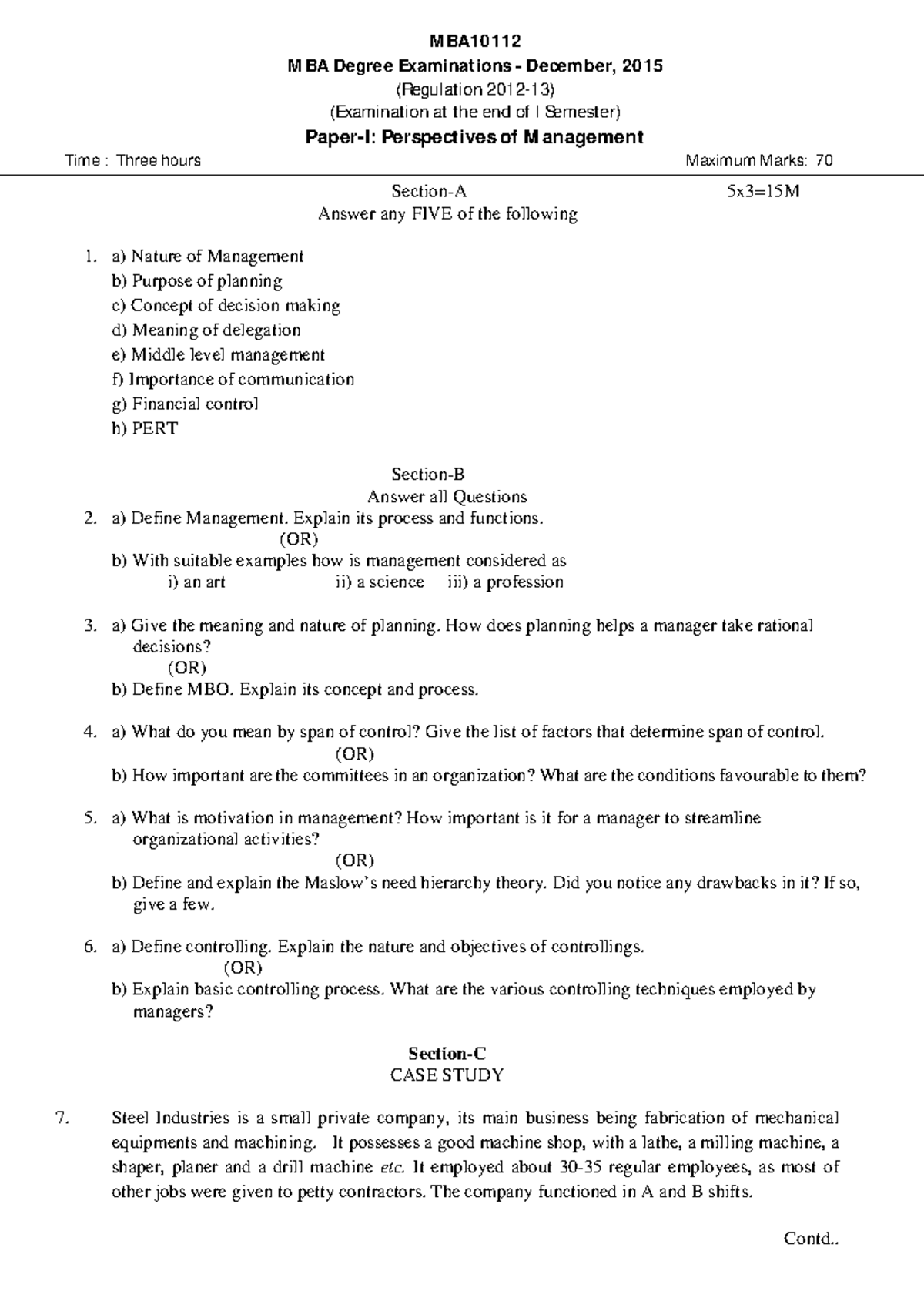 Exam 2015 - MBA10112 MBA Degree Examinations - December, 2015 ...