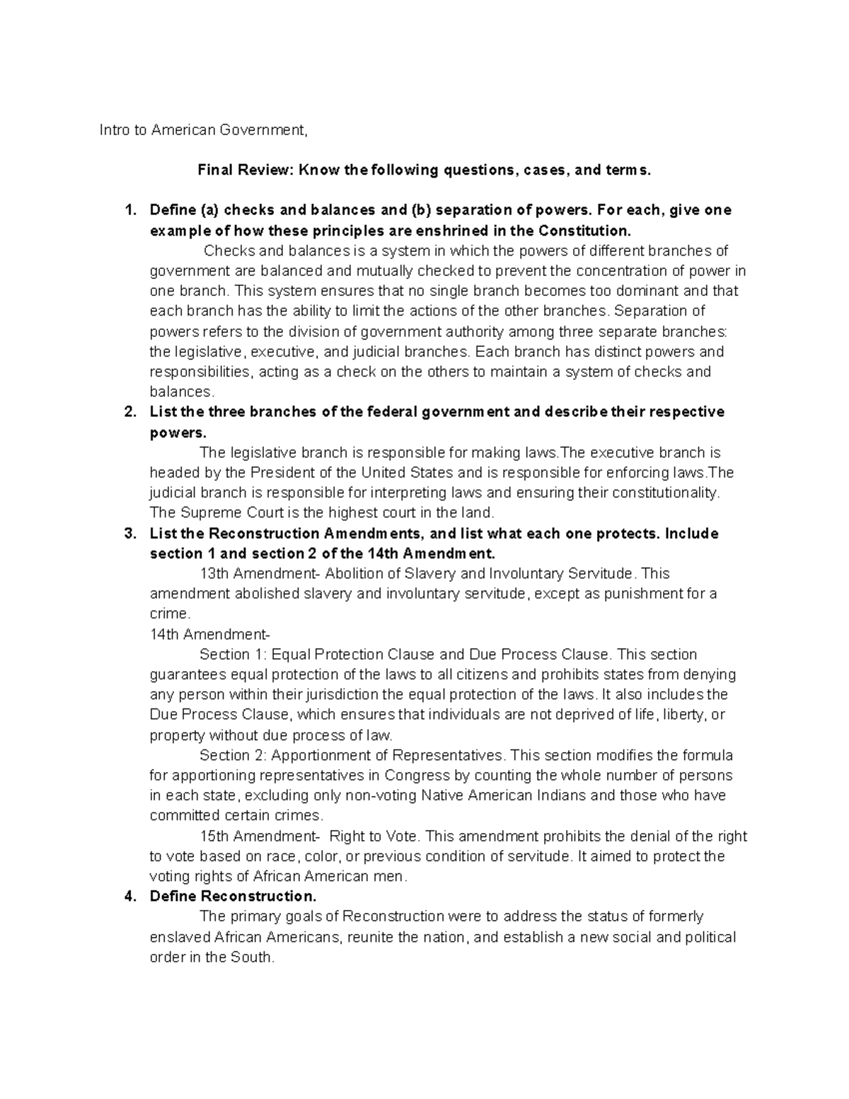 Review sheet-1 - Intro to American Government, Final Review: Know the ...