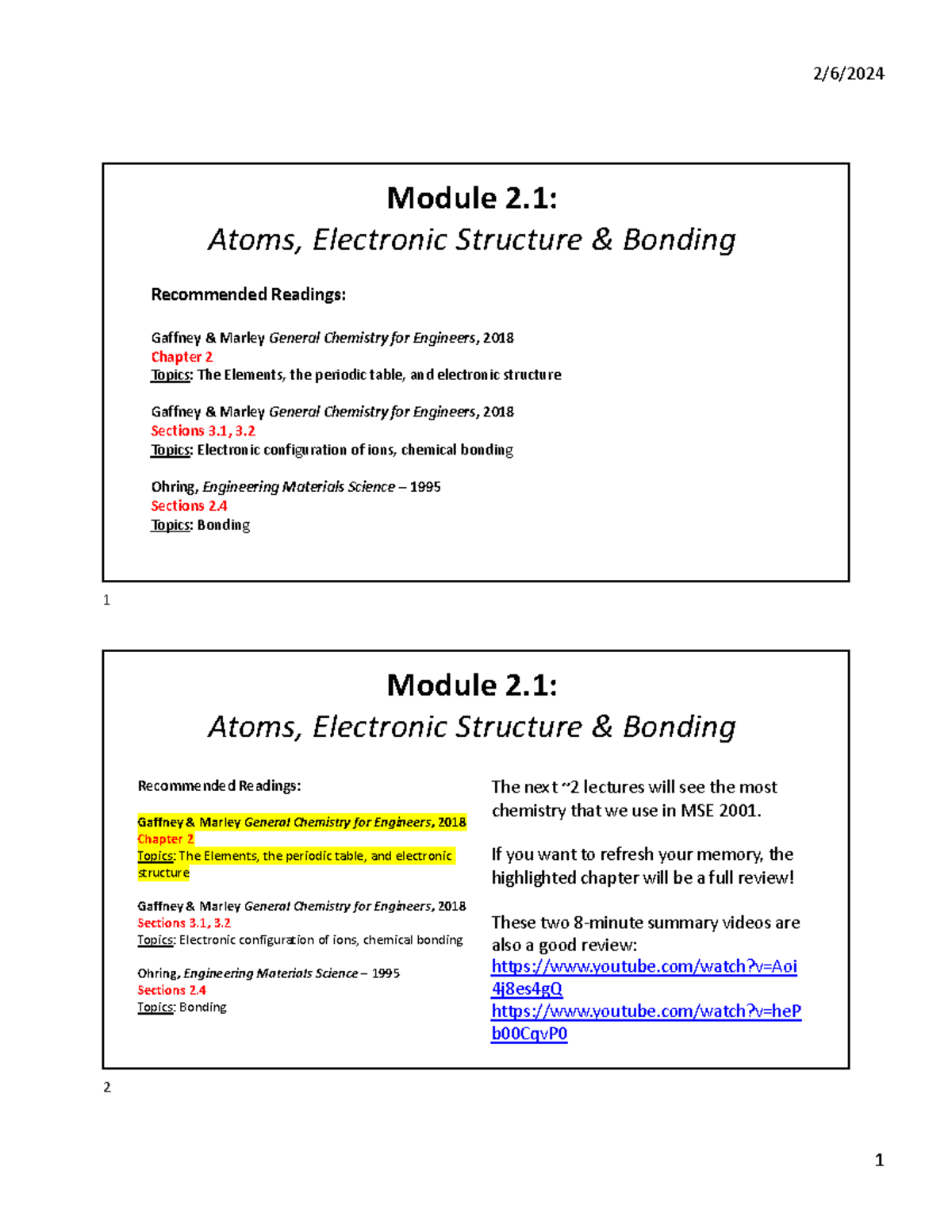 2.1 atoms and bonding - notes - Recommended Readings: Gaffney & Marley ...