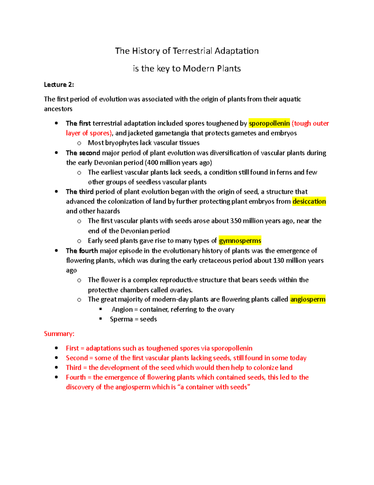 Lec 2,3, some of 4 - The History of Terrestrial Adaptation is the key ...