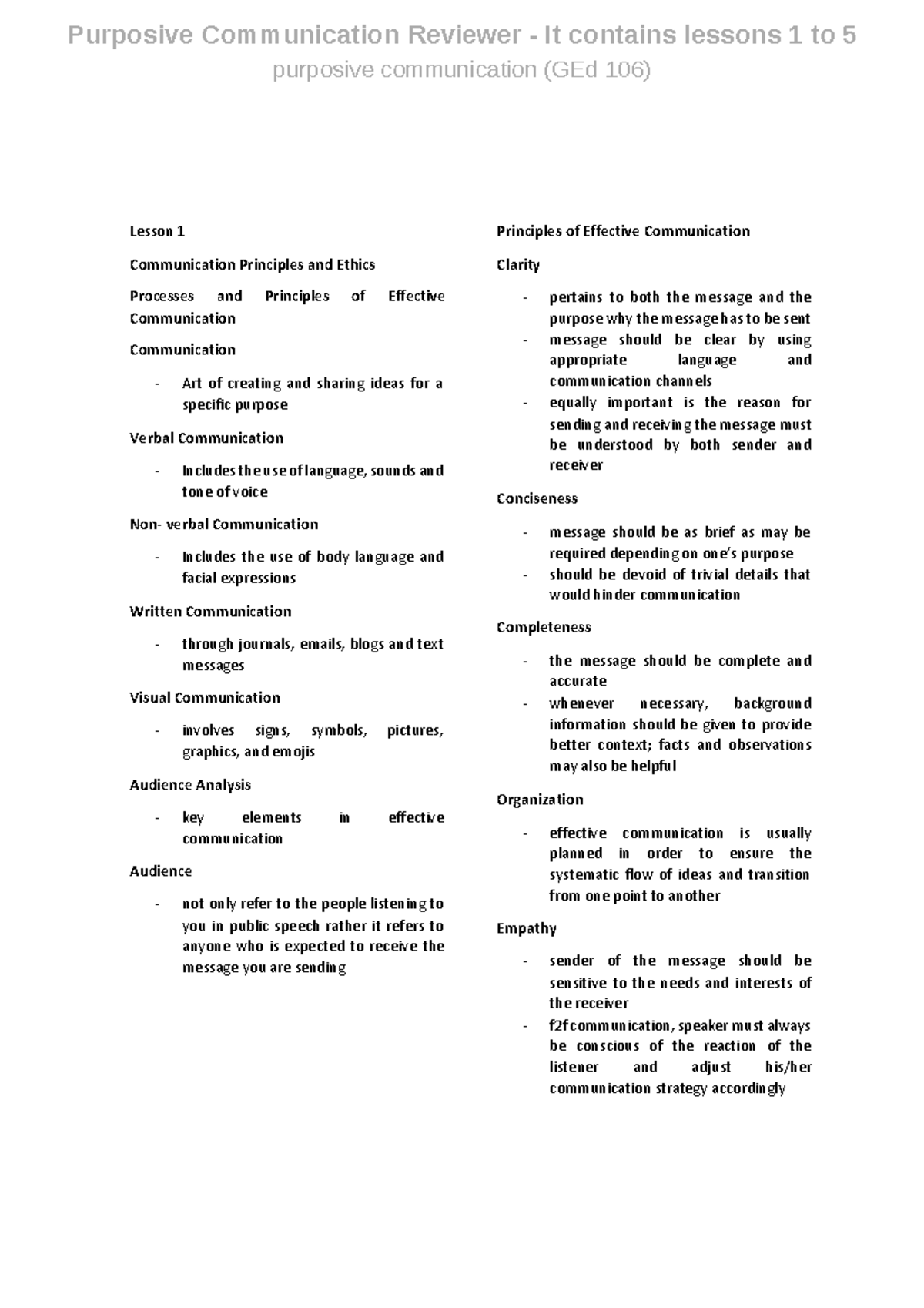 Purcom - Purposive Communication Reviewer - It contains lessons 1 to 5 purposive communication ...