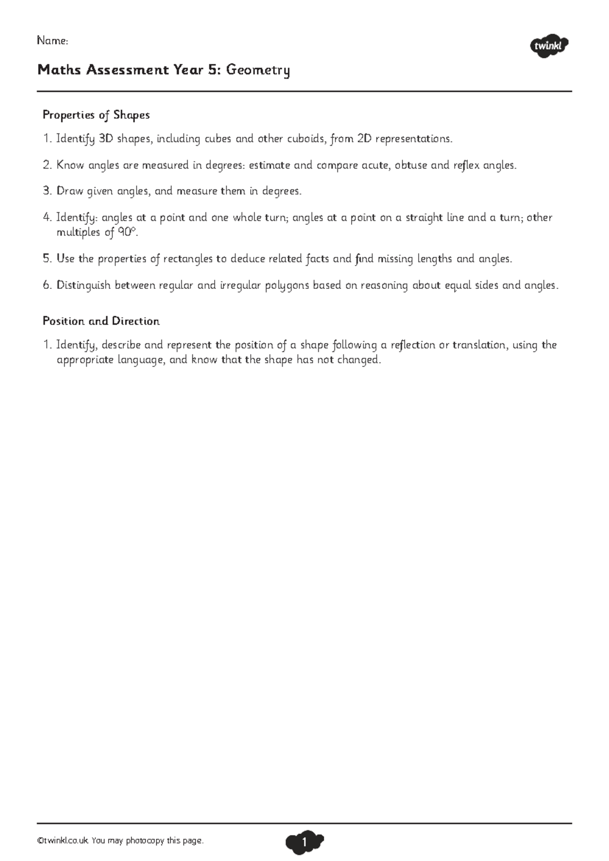 Geometry-Test-1 - Mathematics - ©twinkl.co. You may photocopy this page ...