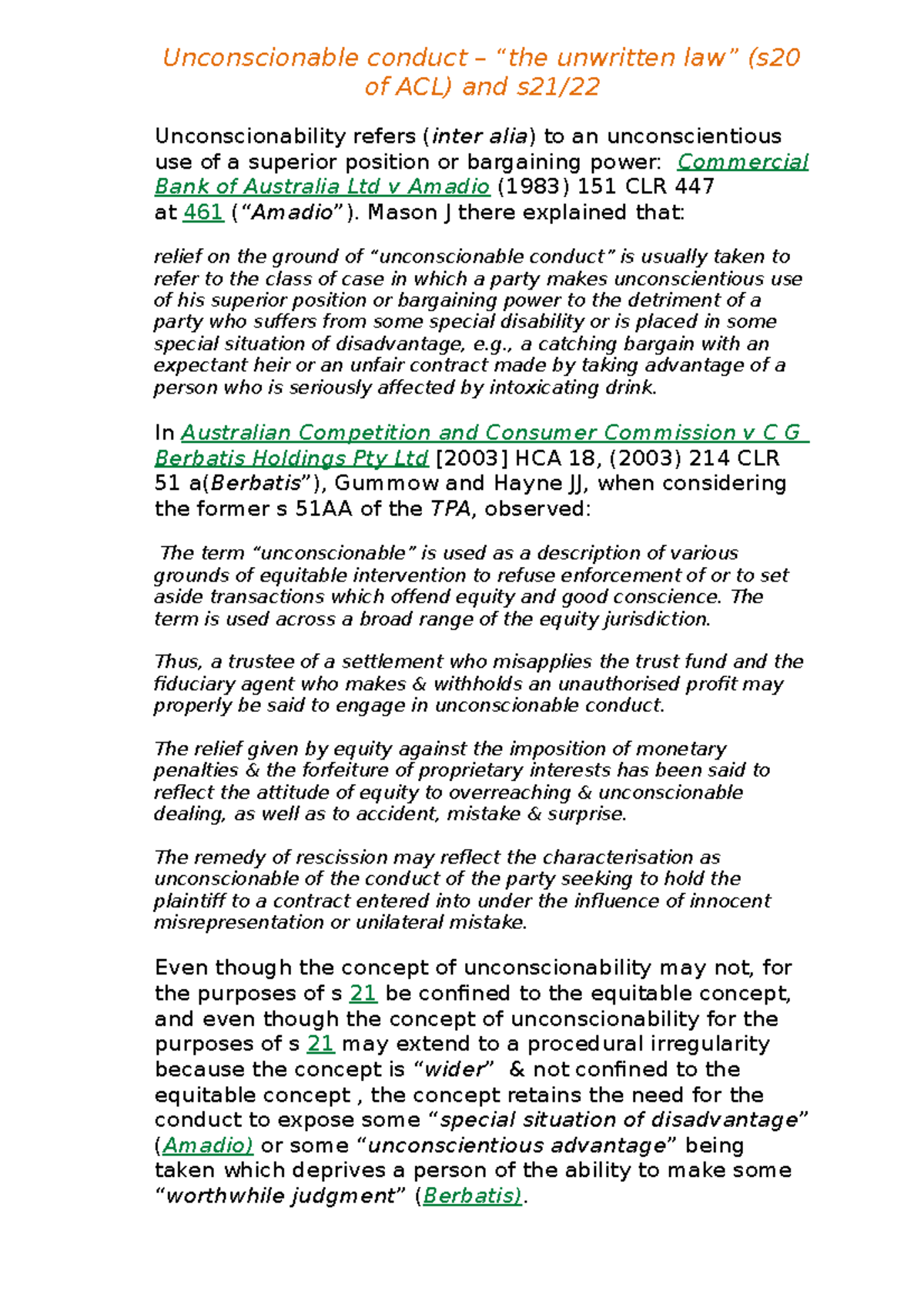 Unconscionable conduct ss20 21 22 - Unconscionable conduct – “the ...