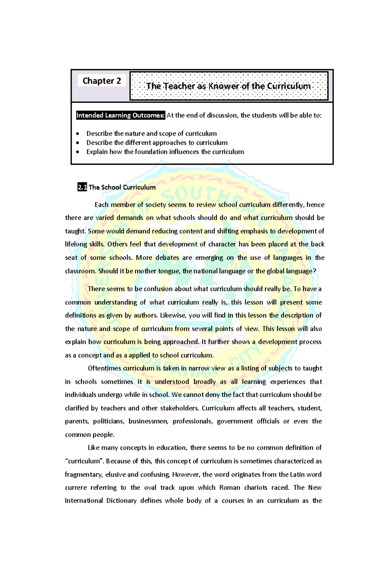 Chapter 2 - this is a handout of lectures - I ntended Learning Outcomes ...