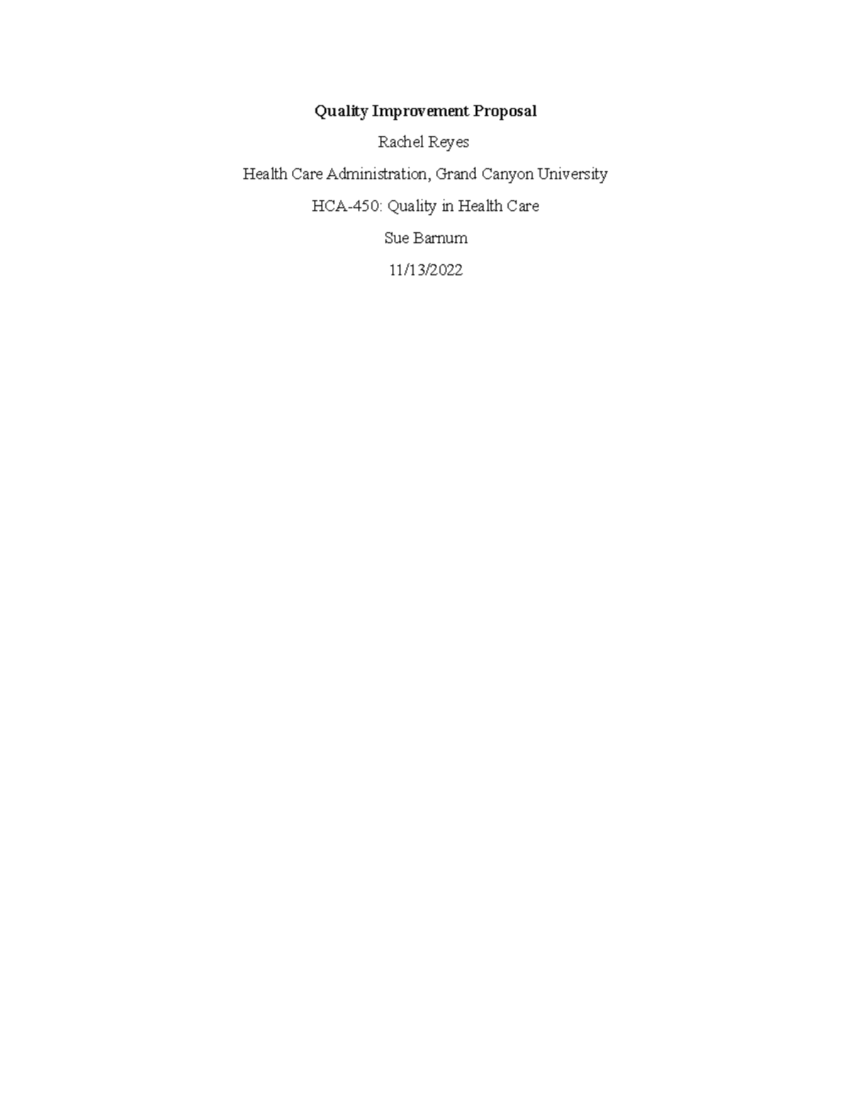 Quality Improvement Proposal - Quality Improvement Proposal Rachel ...