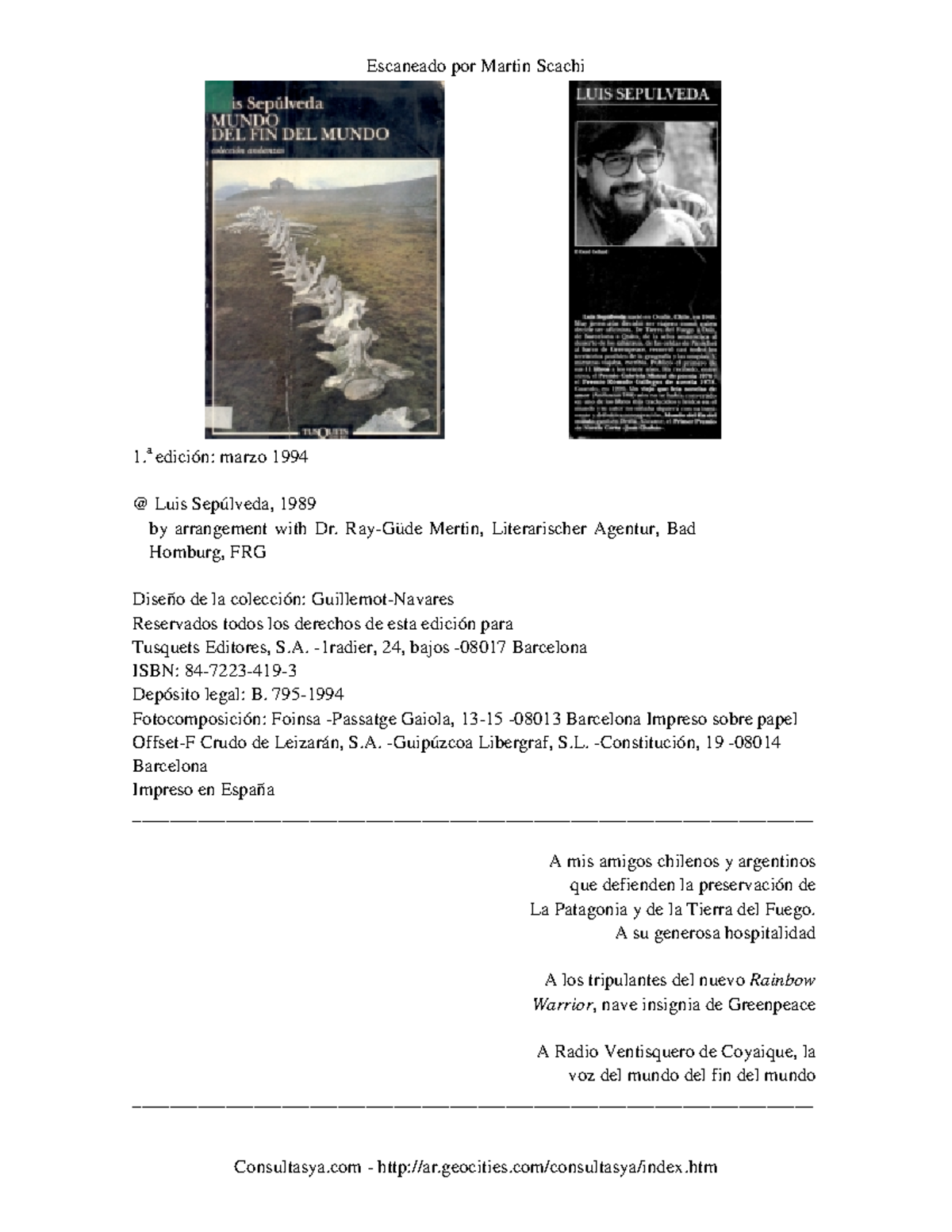 Luis Sepulveda Mundo del Fin del Mundo p - 1 edición: marzo 1994 @ Luis ...