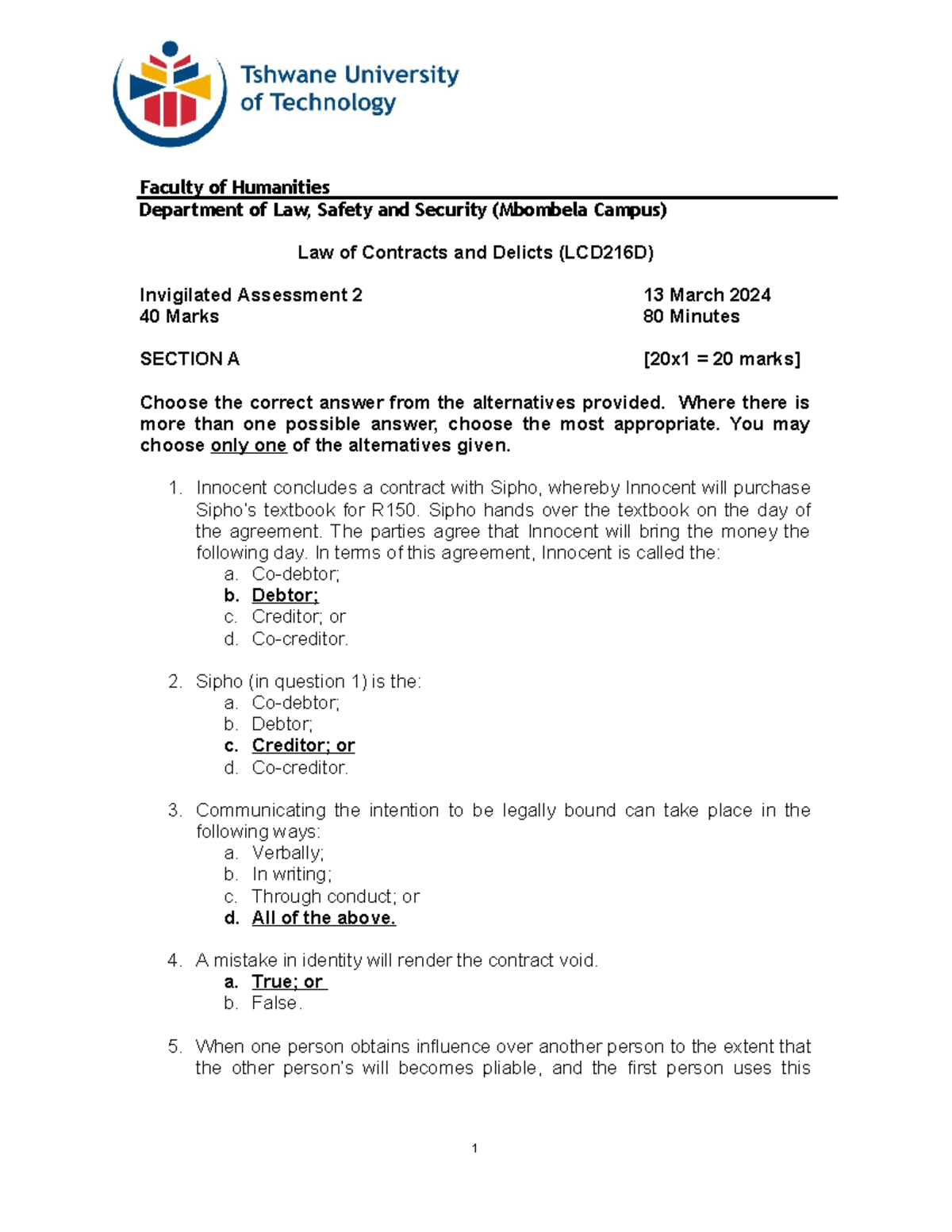 LCD216D Invigilated assessment 2 (Law of Contracts) 2024 MEMO - Faculty ...