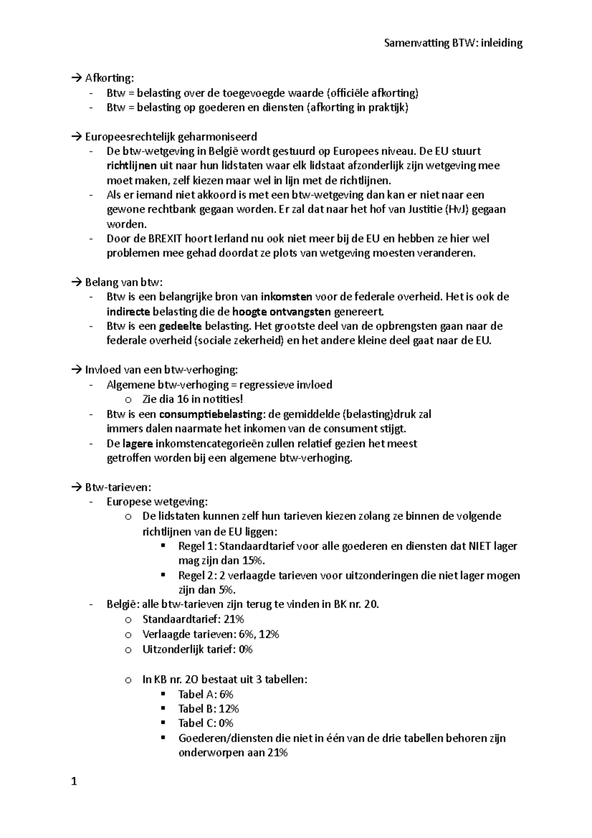 Hfd 1 - inleiding - Samenvatting BTW: inleiding Afkorting: - Btw ...