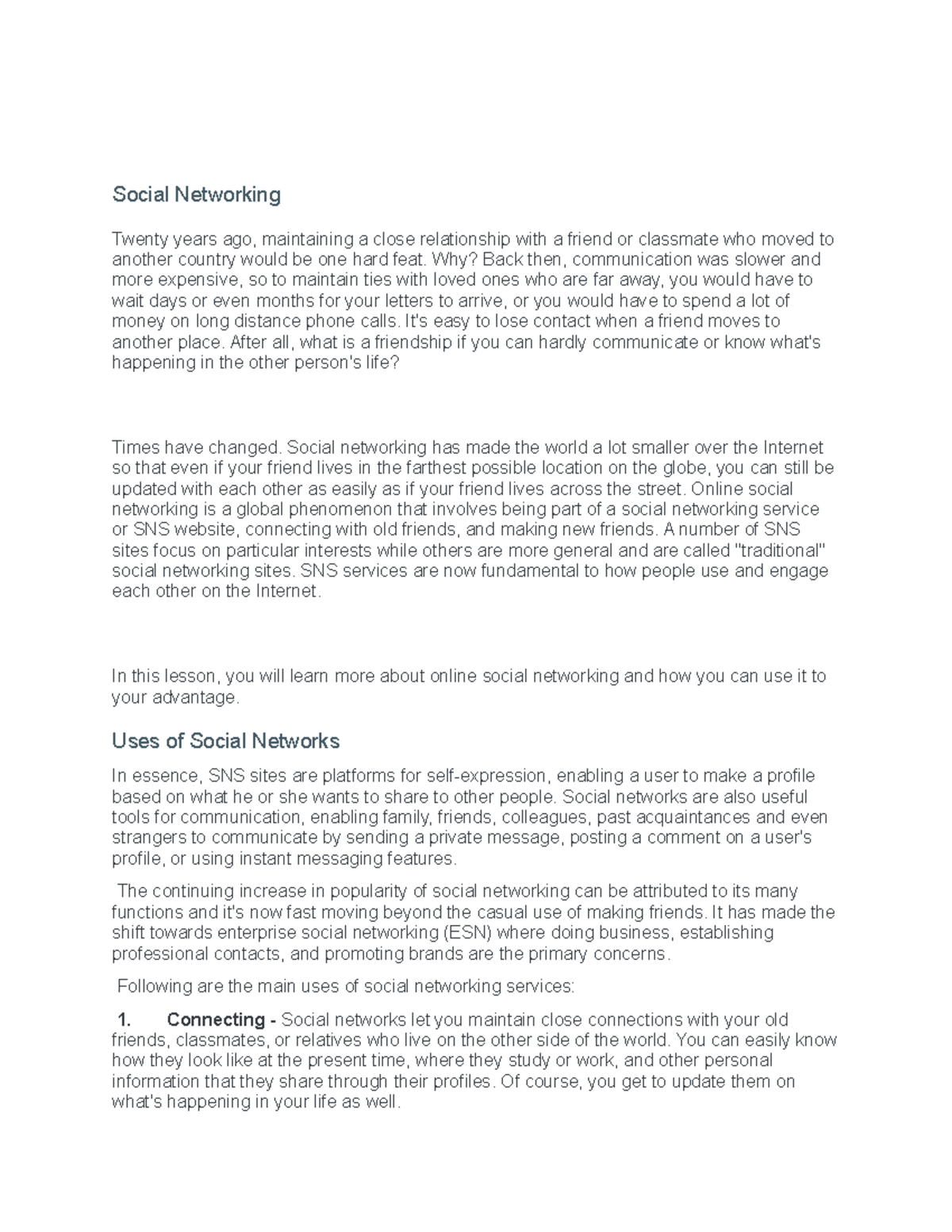 Lesson 5 Social Networking - Social Networking Twenty years ago ...