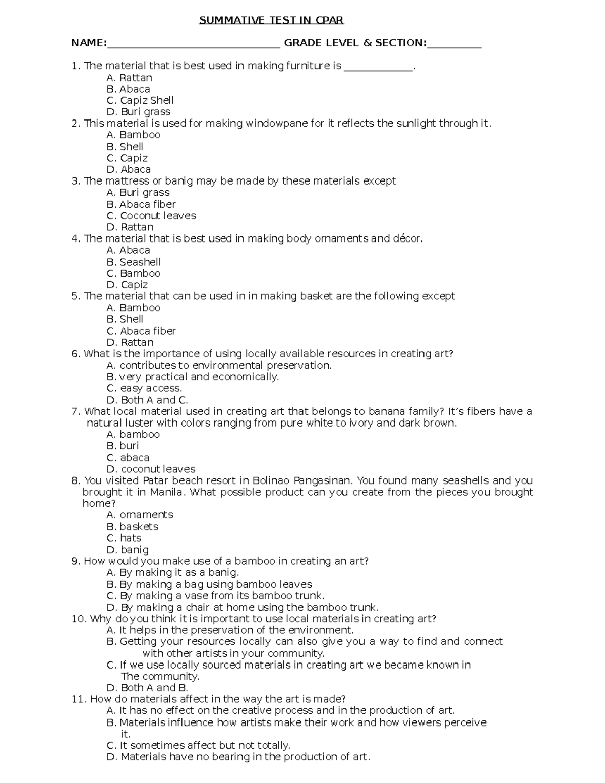 Summative TEST IN CPAR SUMMATIVE TEST IN CPAR NAME