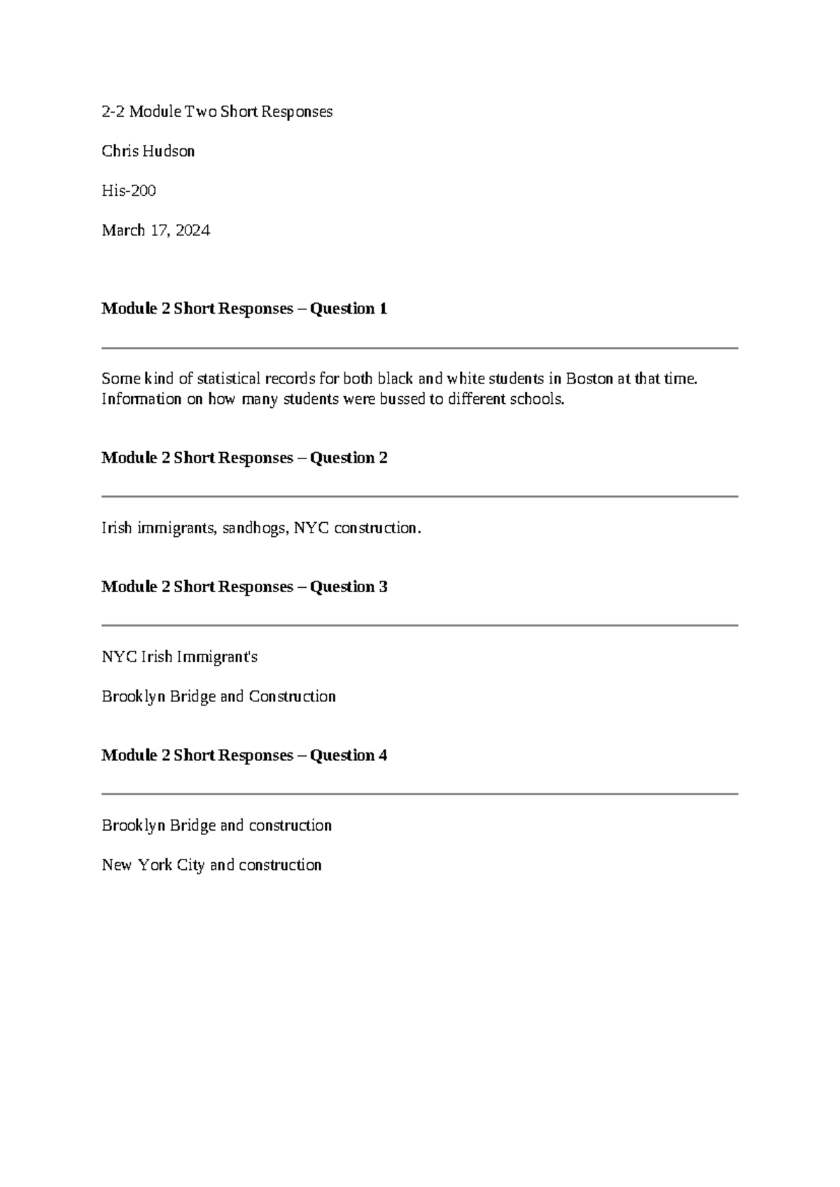 Module 2 short responses - 2-2 Module Two Short Responses Chris Hudson ...