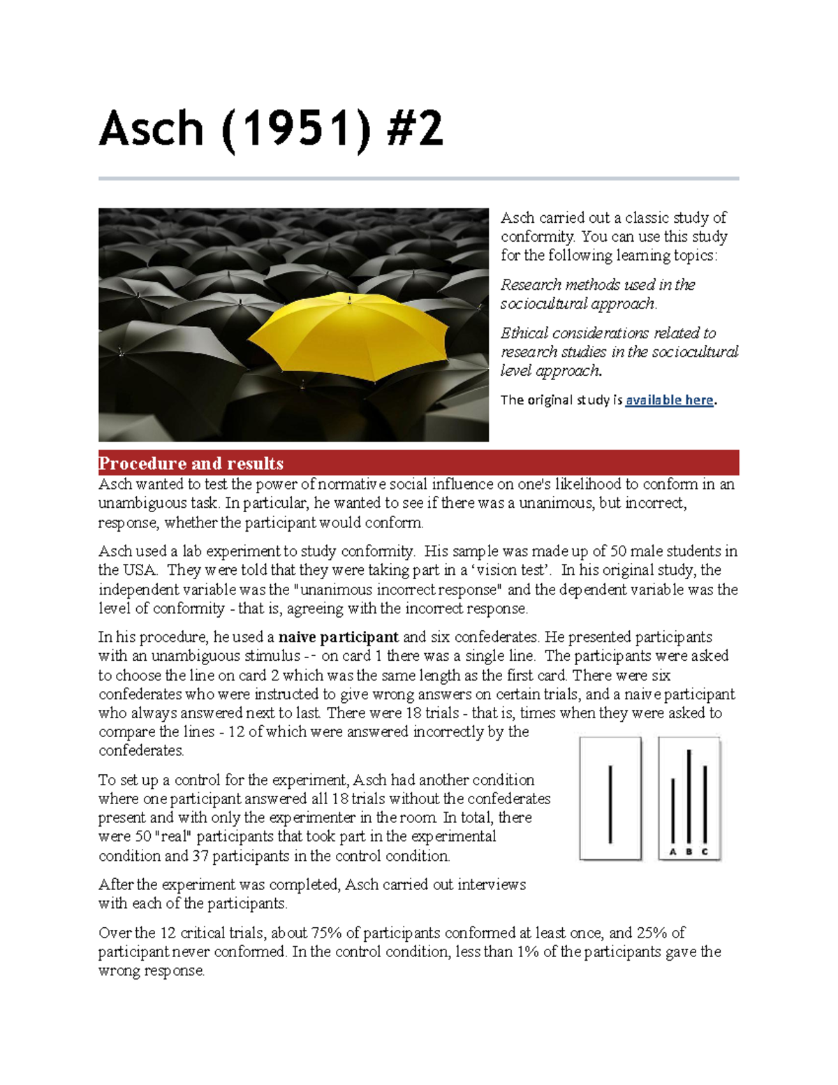 Asch. (Socio) docx - Asch study notes - Asch (1951) Asch carried out a ...