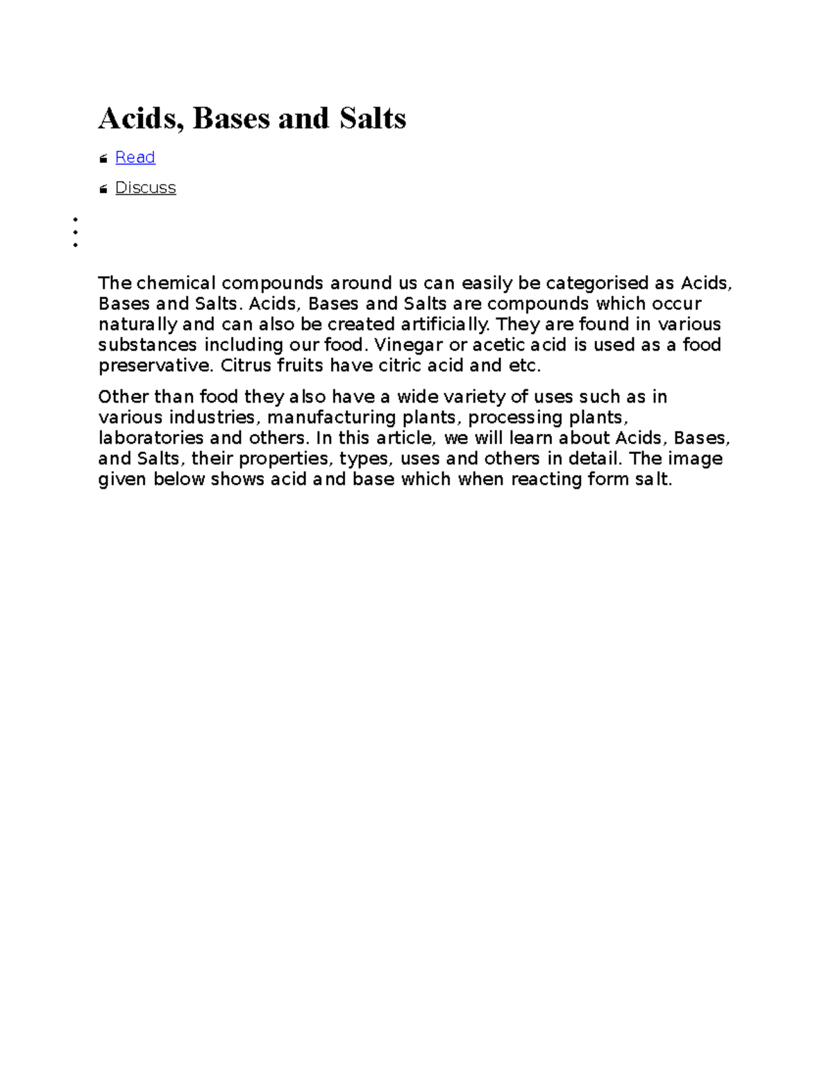 ,Acids, bases and salts - Acids, Bases and Salts Read Discuss The chemical compounds - Studocu