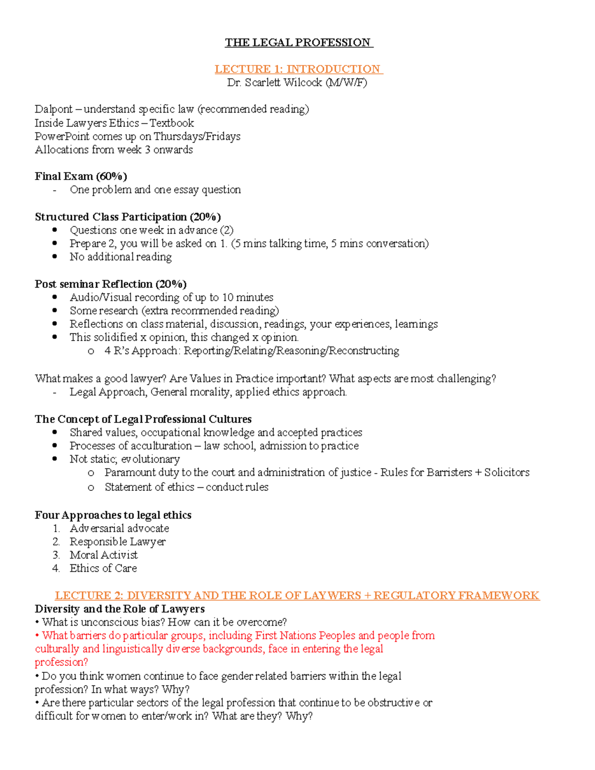 Legal Profession Notes - THE LEGAL PROFESSION LECTURE 1: INTRODUCTION ...