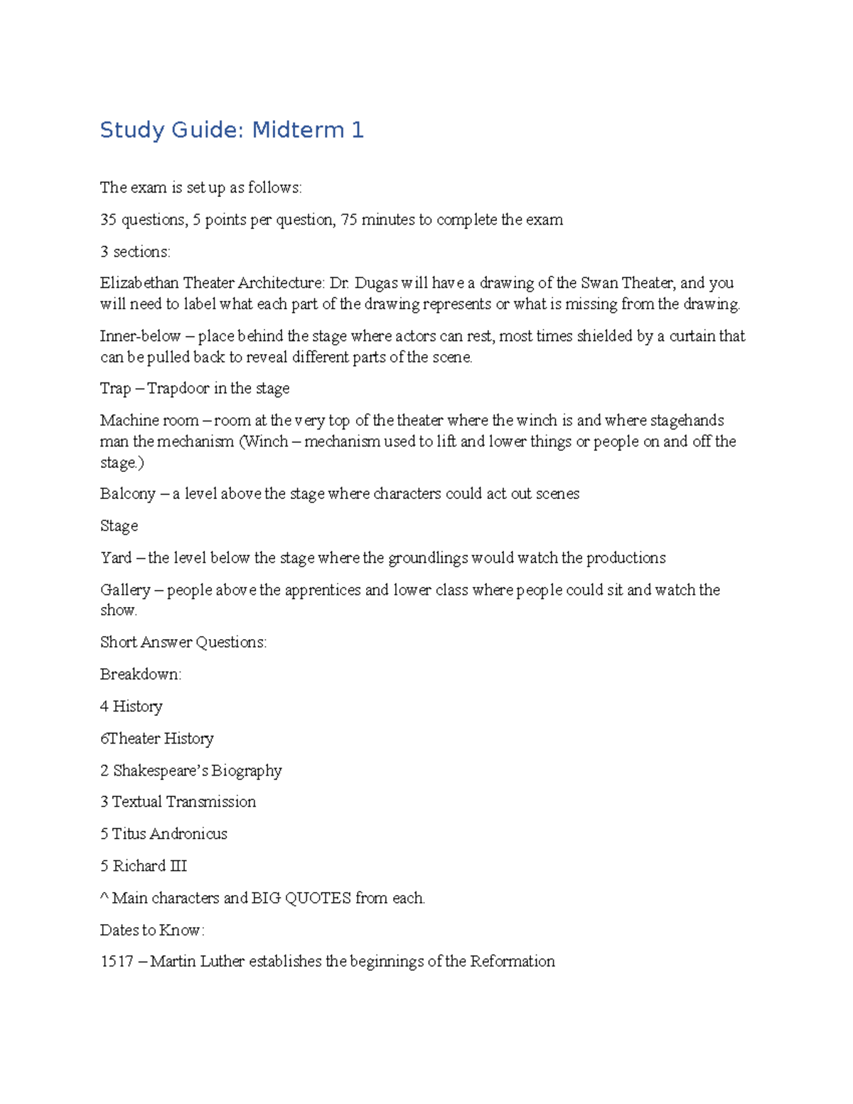 Study Guide for Shakespeare - Study Guide: Midterm 1 The exam is set up ...
