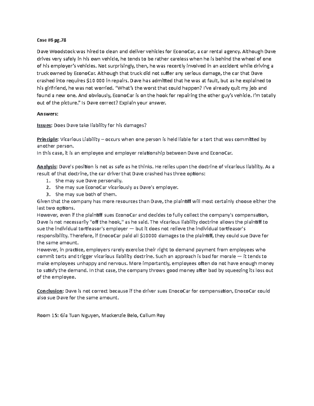 Chapter 3 - Case 6 pg78 - In-class assignment - Case #6 pg. Dave ...