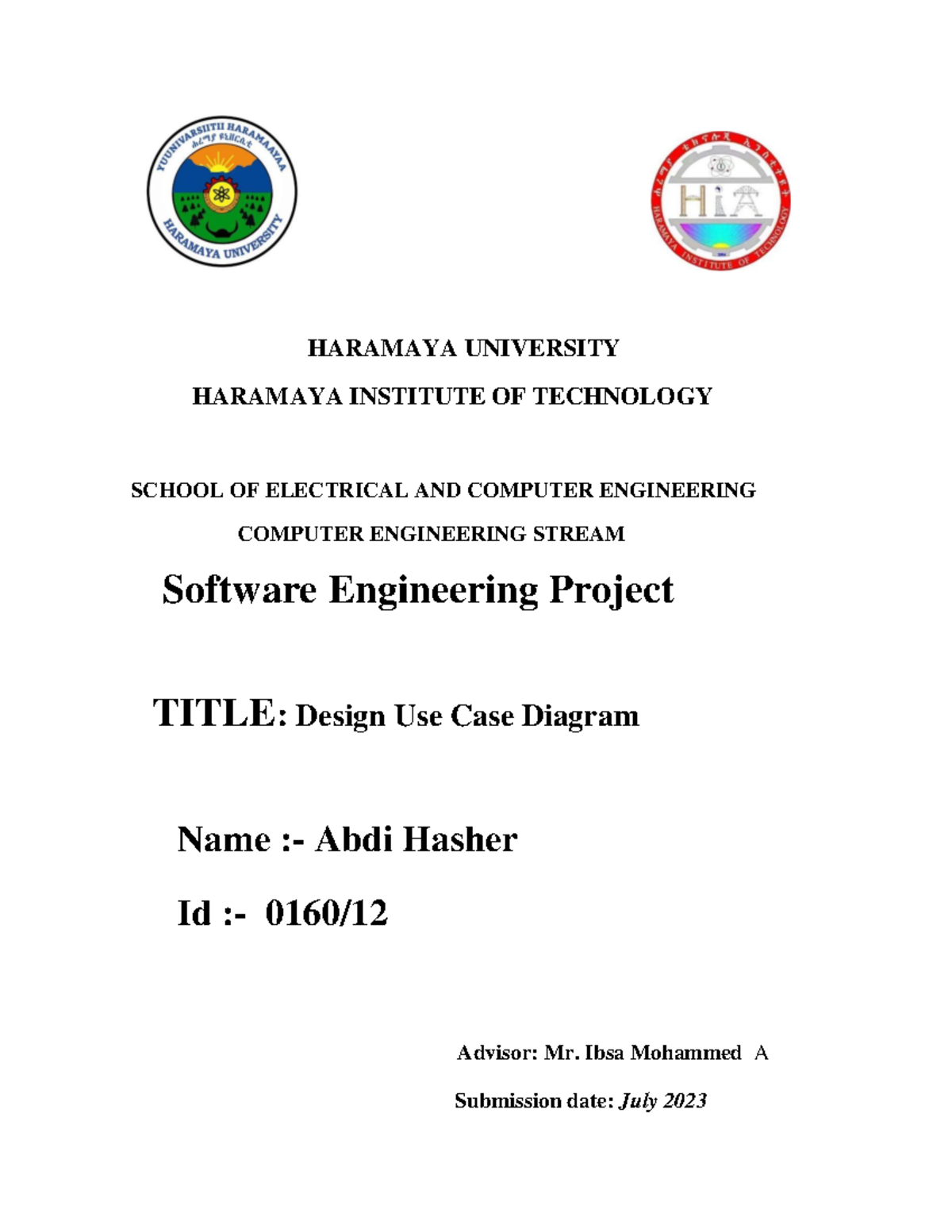 Software projet - for worked example - HARAMAYA UNIVERSITY HARAMAYA ...