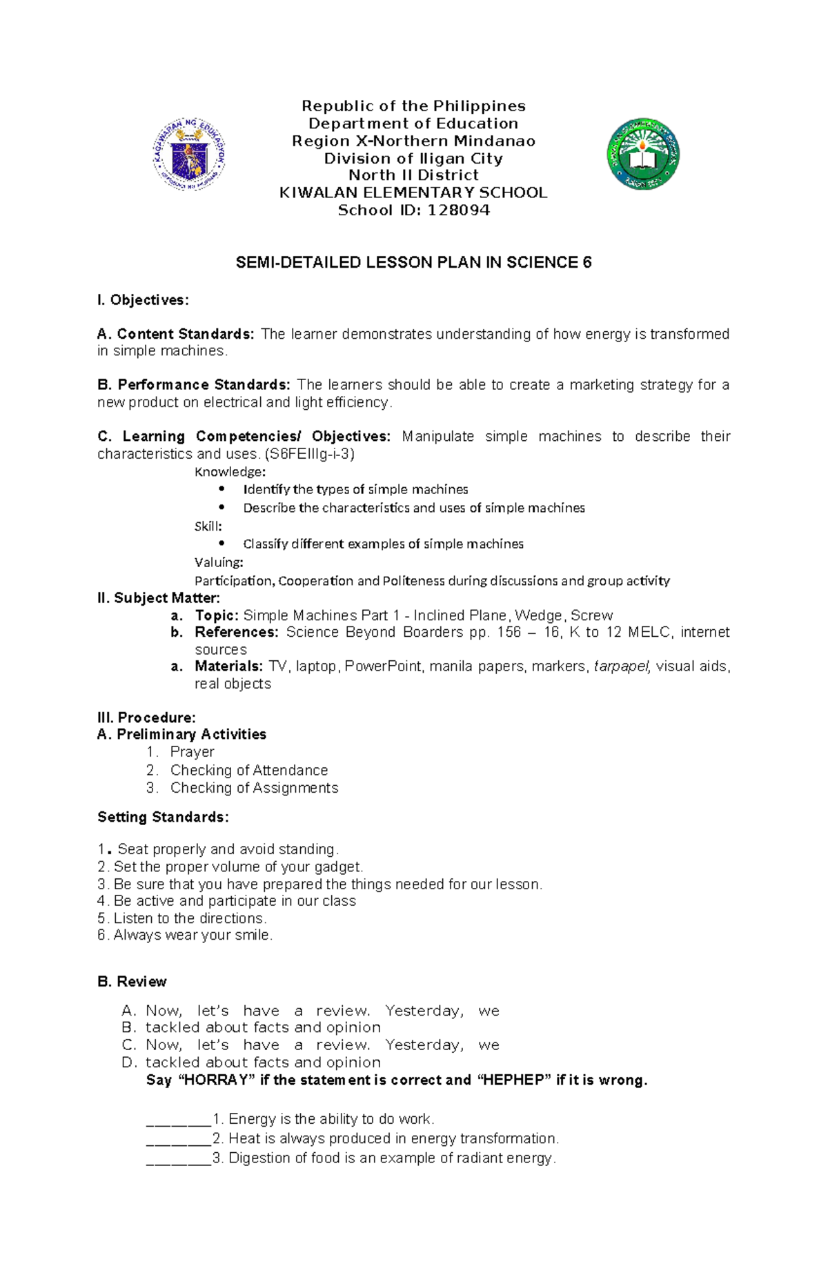 COT 3 Lesson Plan Simple Machines - Republic of the Philippines ...
