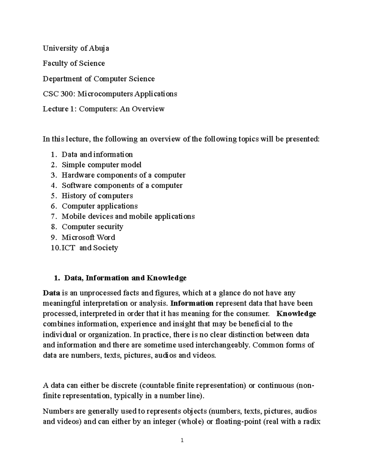 Csc300 Lecture Notes Computer Application Hardware And Software University Of Abuja 